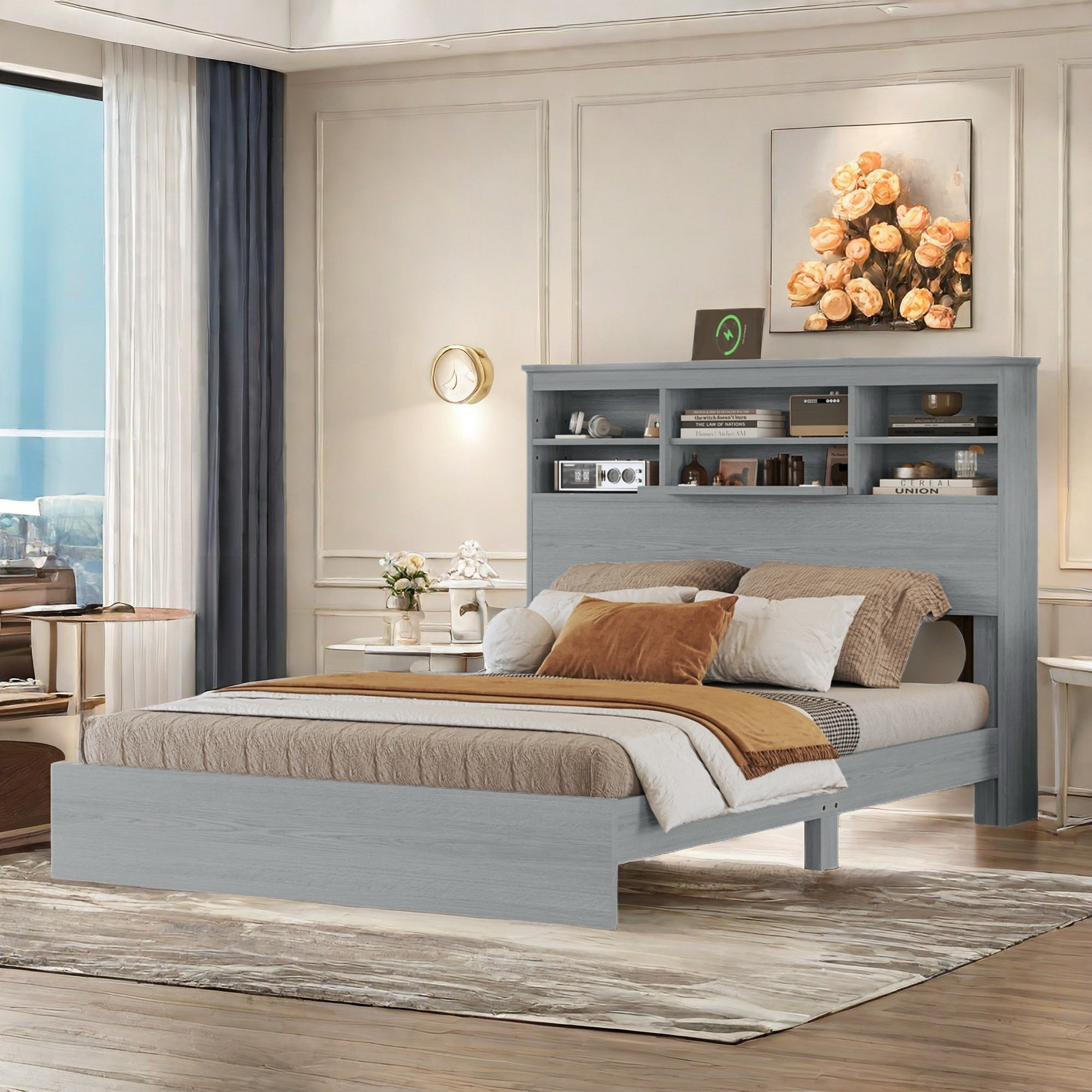 Millwood Pines Platform Bed With Bookcase Headboard And Charging Station | Wayfair