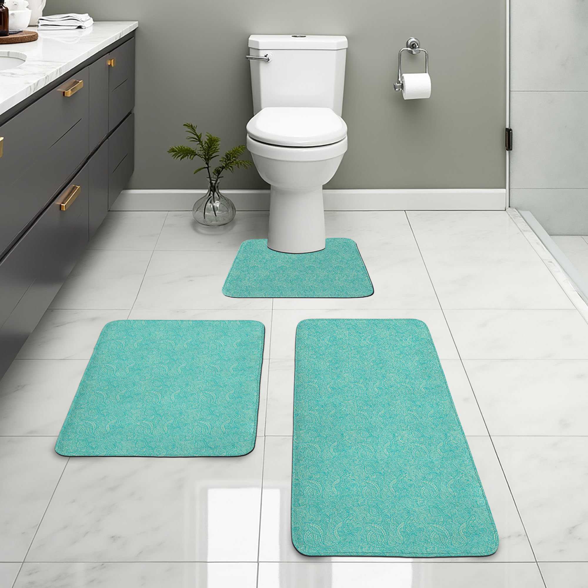 Dakota Fields Aqua Bathroom Rug Set 3 Pieces U-Shape & Rectangle Mats ...