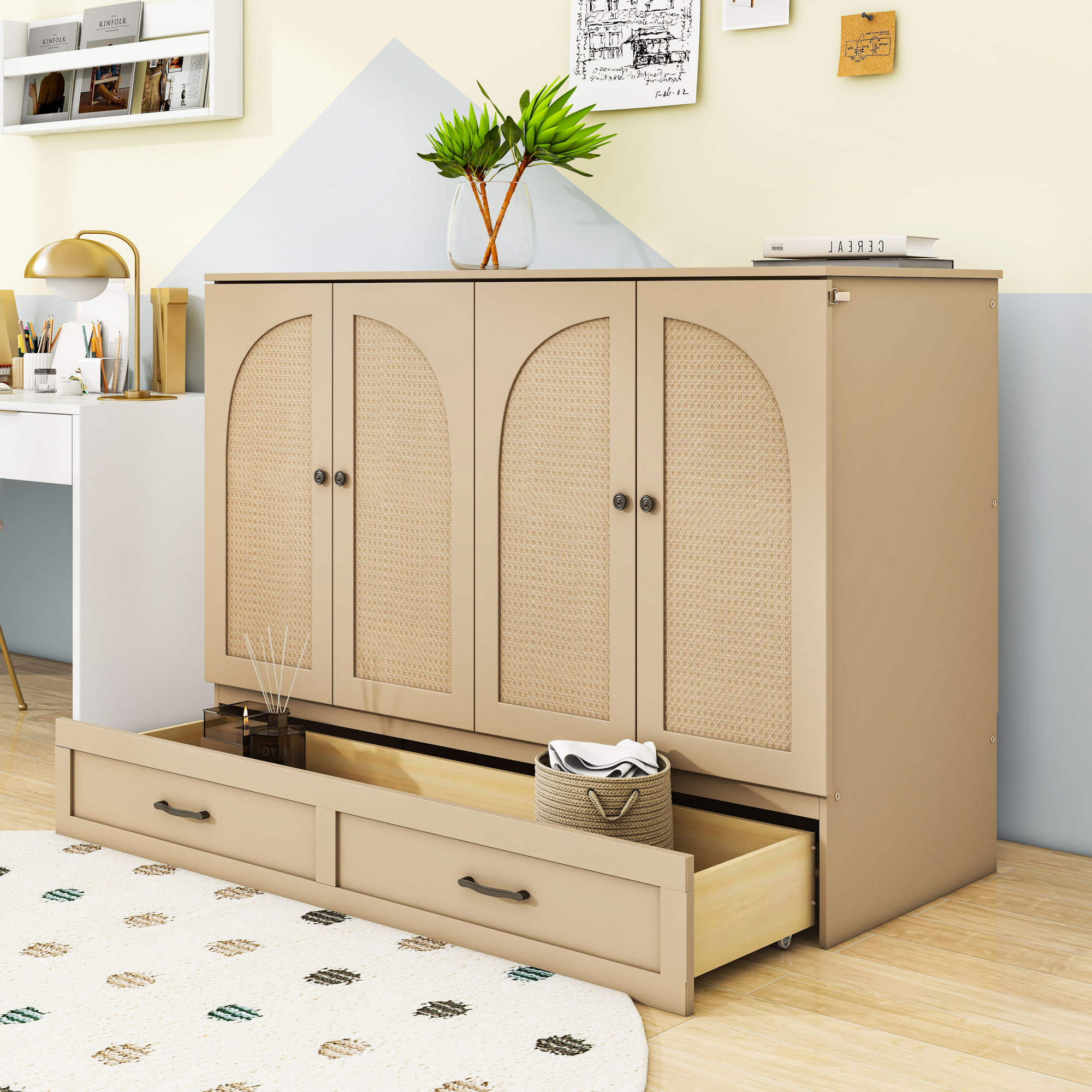 Harriet Bee 1 Drawer Full Convertible Murphy Bed Cabinet with USB ...