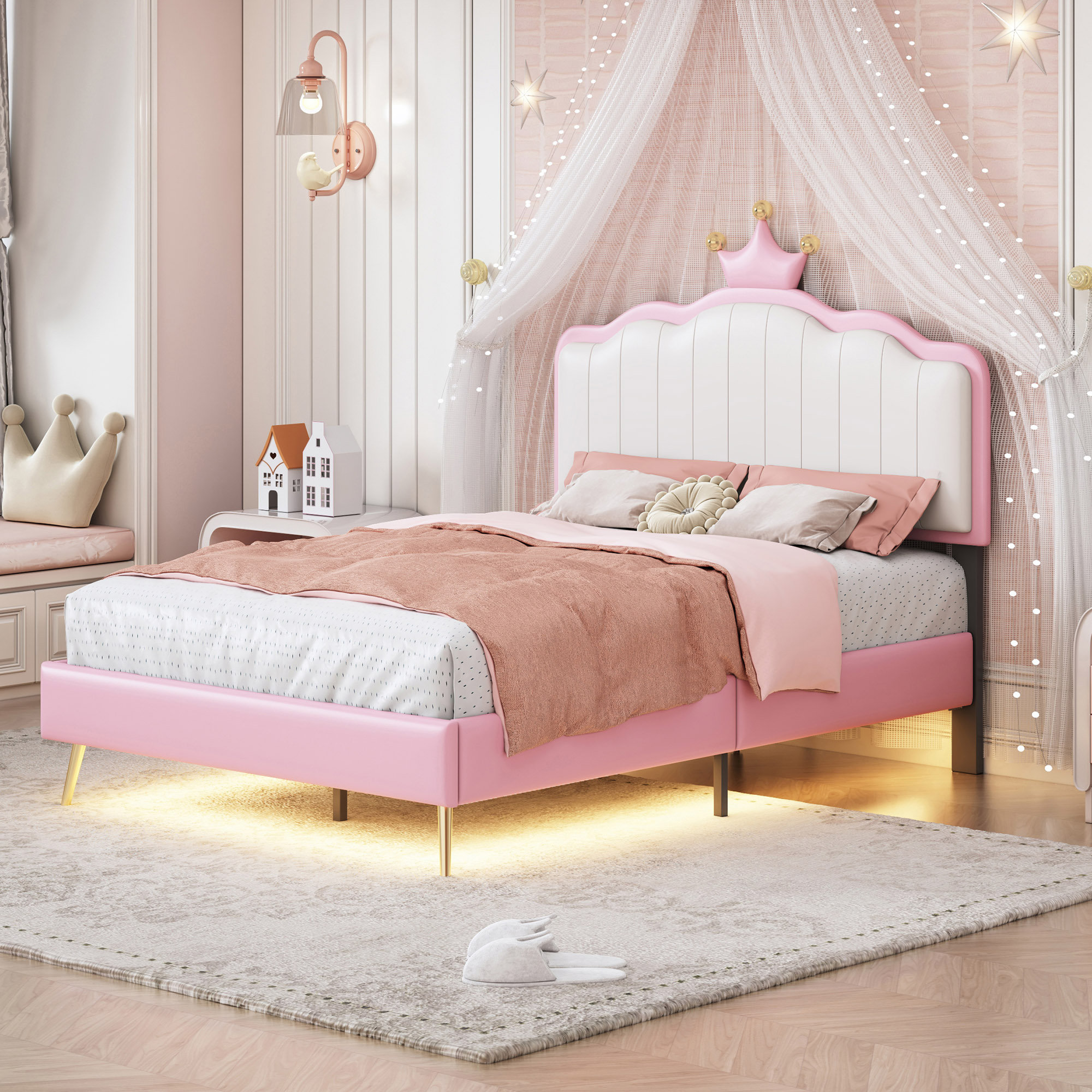 Mercer41 Upholstered Princess Bed With Crown Headboard And Light Strips ...