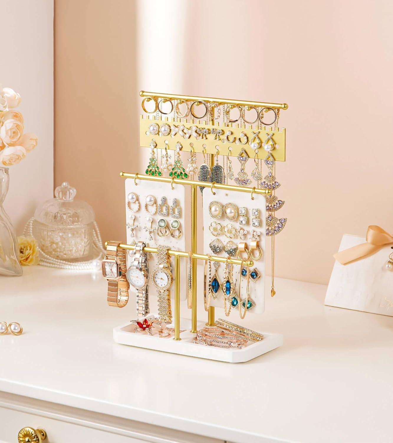 Mercer41 Jewelry Stand Gold For Vanity, Elegant Space Saving Jewelry ...