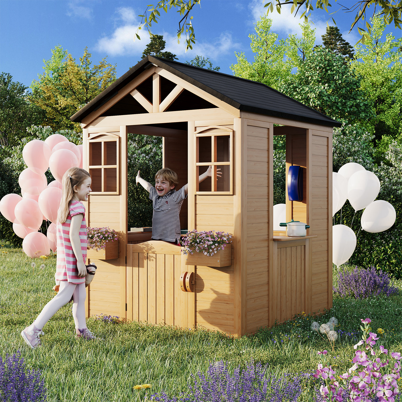EROMMY 45"W x42"D Outdoor Wooden Playhouse For Kids, Outdoor Garden ...