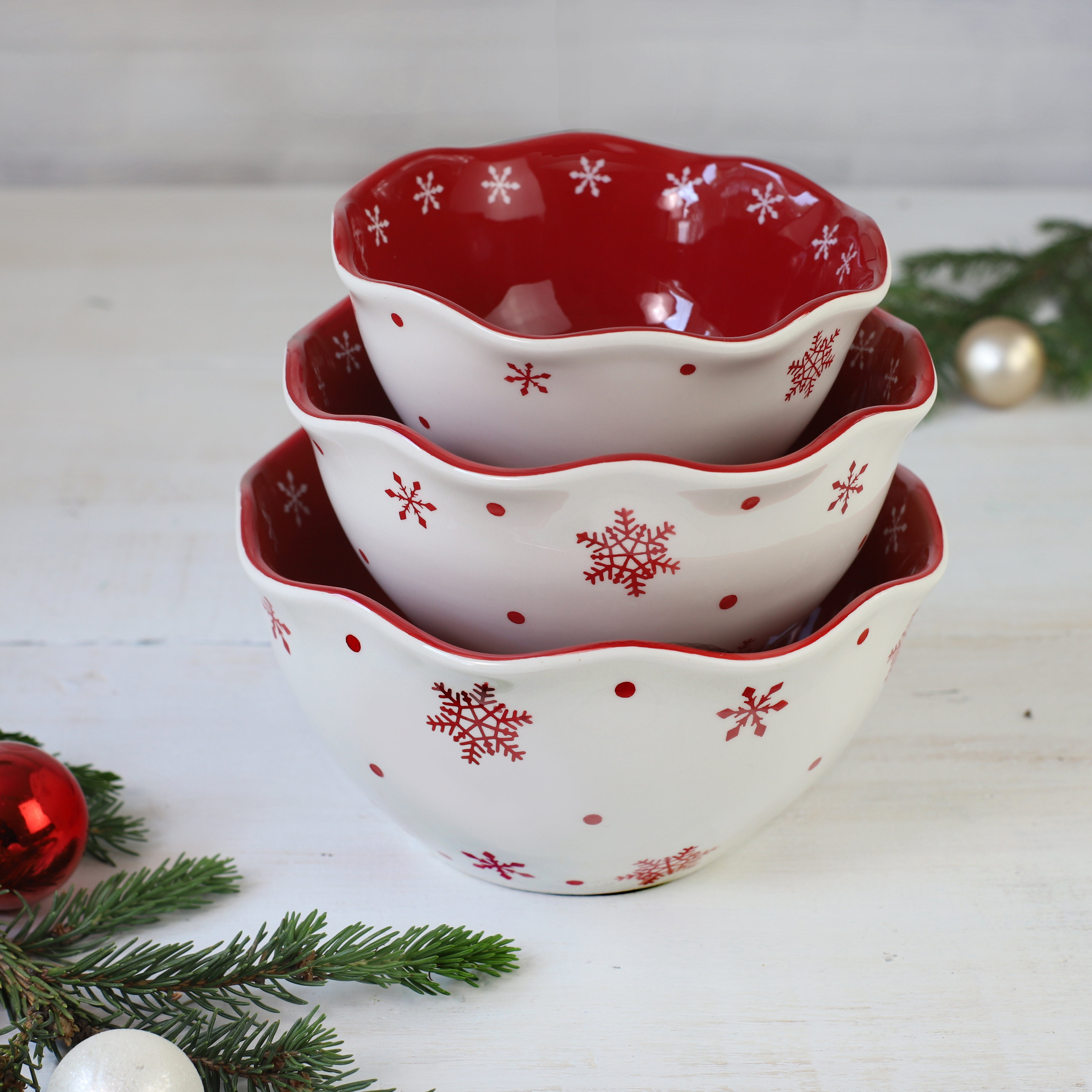 Euro Ceramica Winterfest 3 Piece Nesting Bowl Set - Snow Flake ...
