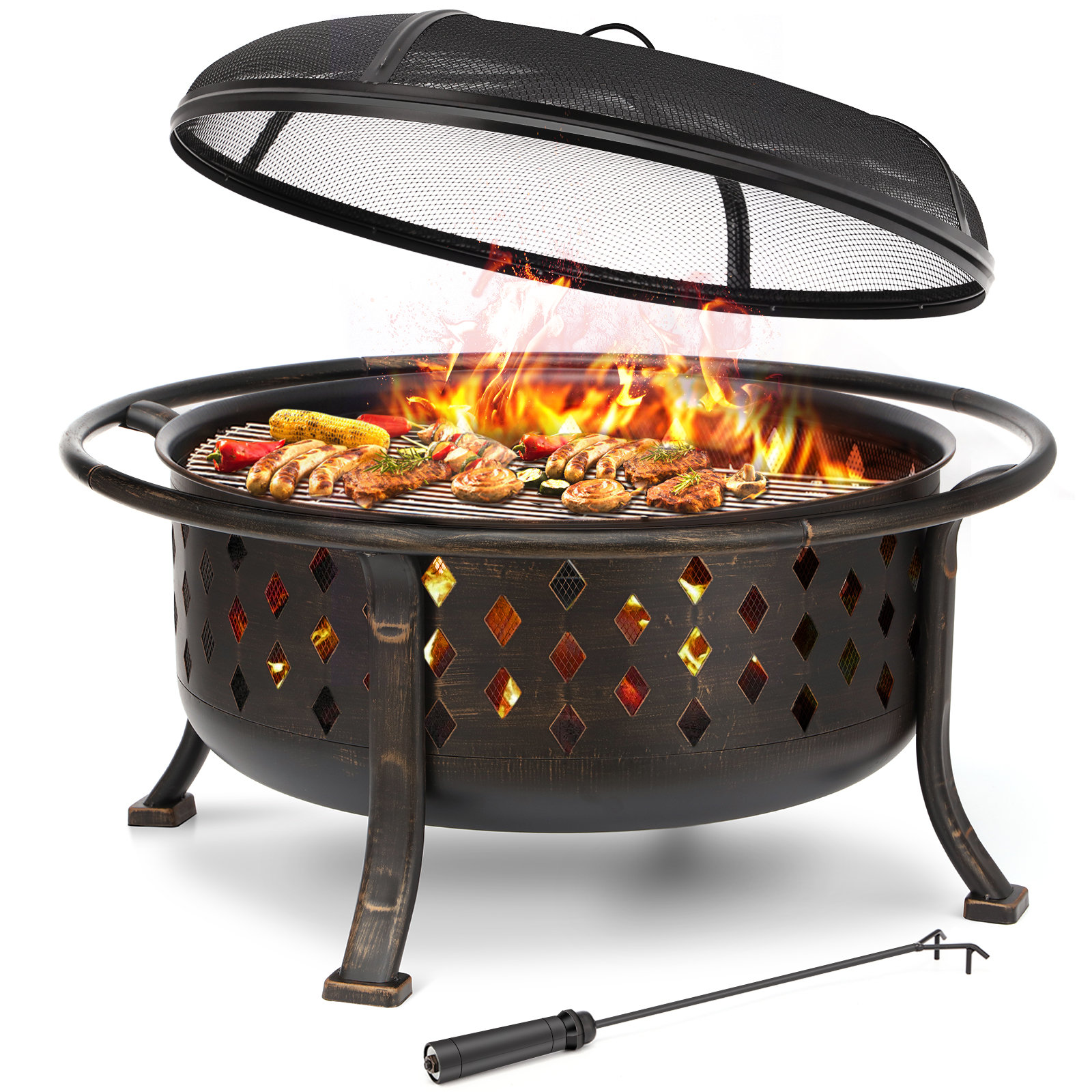 KingSo 23" H x 36" W Steel Wood Burning Outdoor Fire Pit with Lid ...