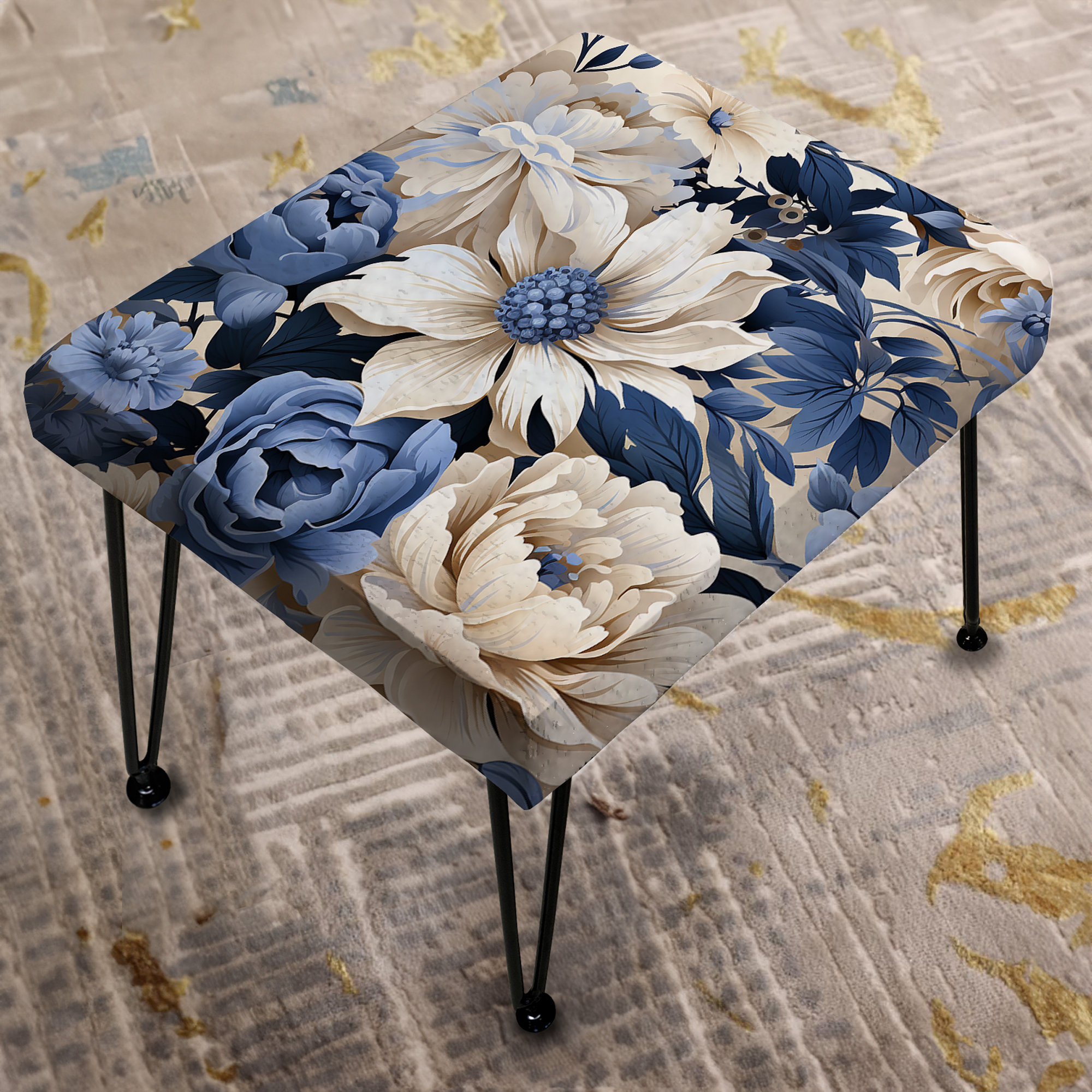 Design Art Beige And Blue Farmhouse Floral Pattern I - Floral Rectangle ...