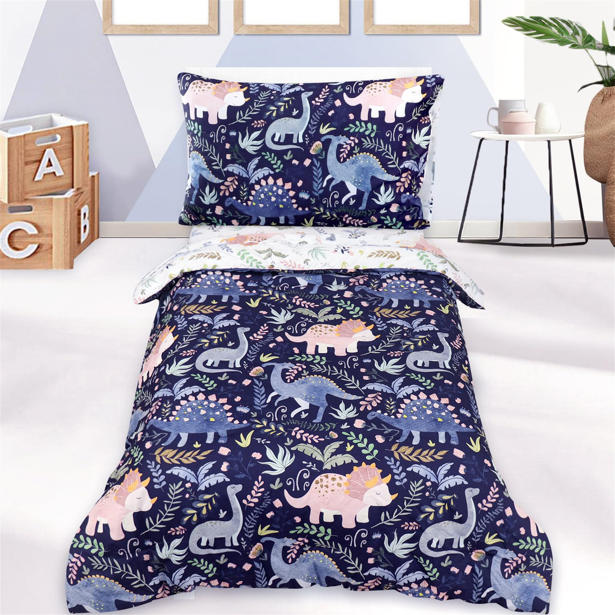 Lights Bed 4 Piece Dinosaur Toddler Bedding Set, Premium Blue Toddler ...