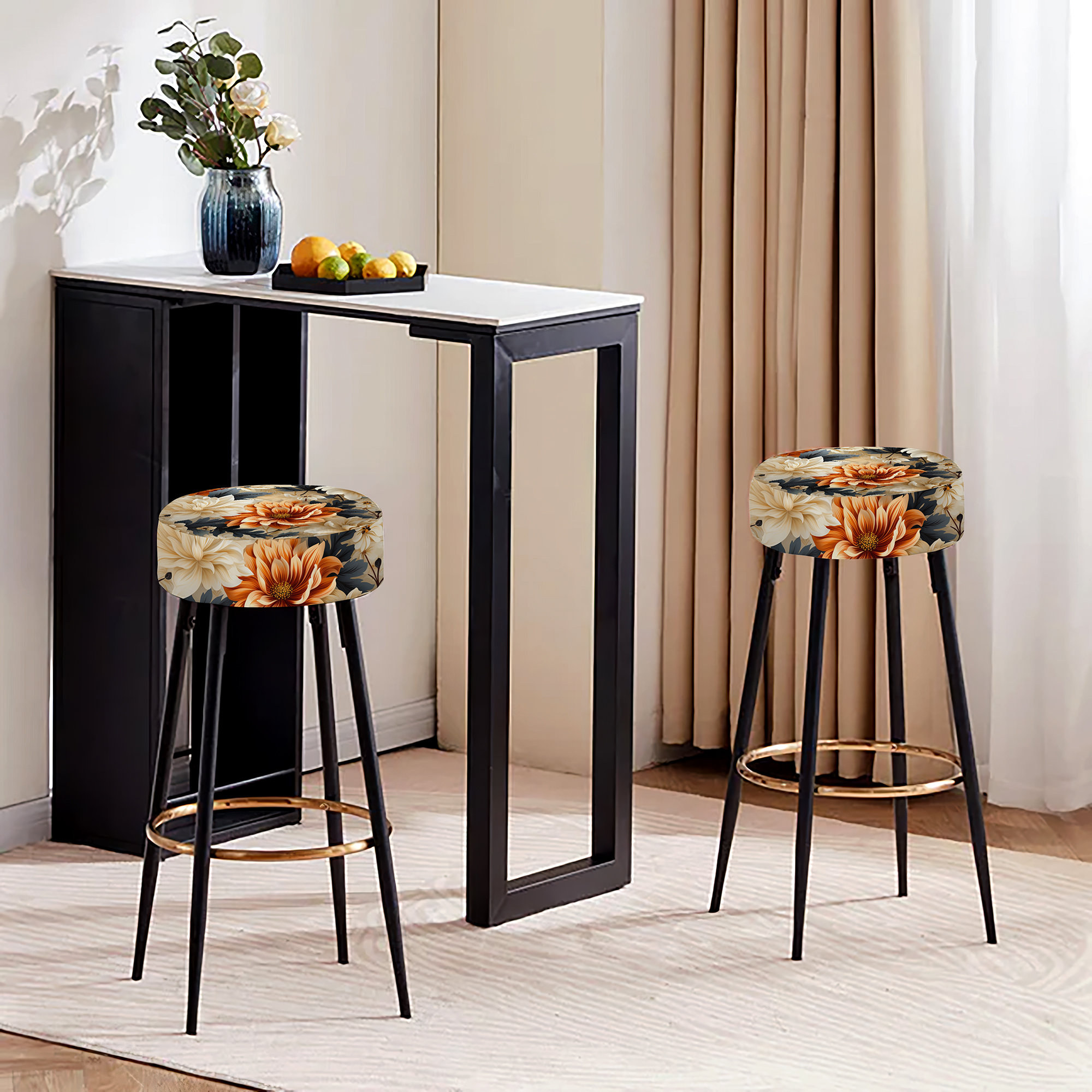Design Art Mosaic Beige And Orange Botanicals - Floral Bar Stools Set ...