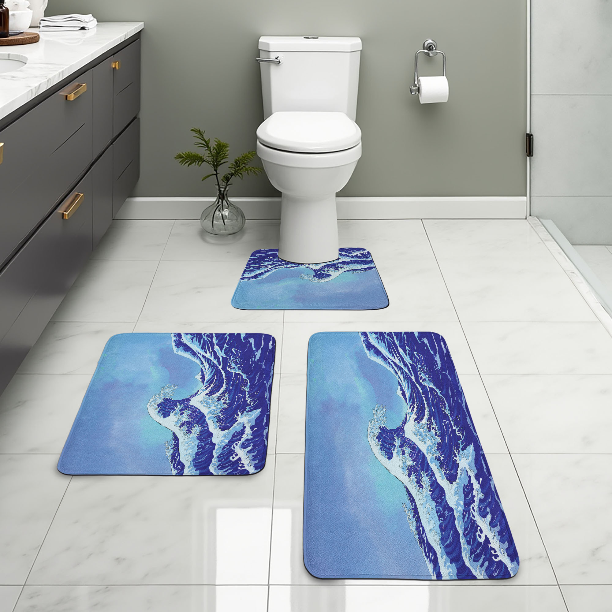 East Urban Home Blue Bathroom Rug Set 3 Pieces U-Shape & Rectangle Mats ...