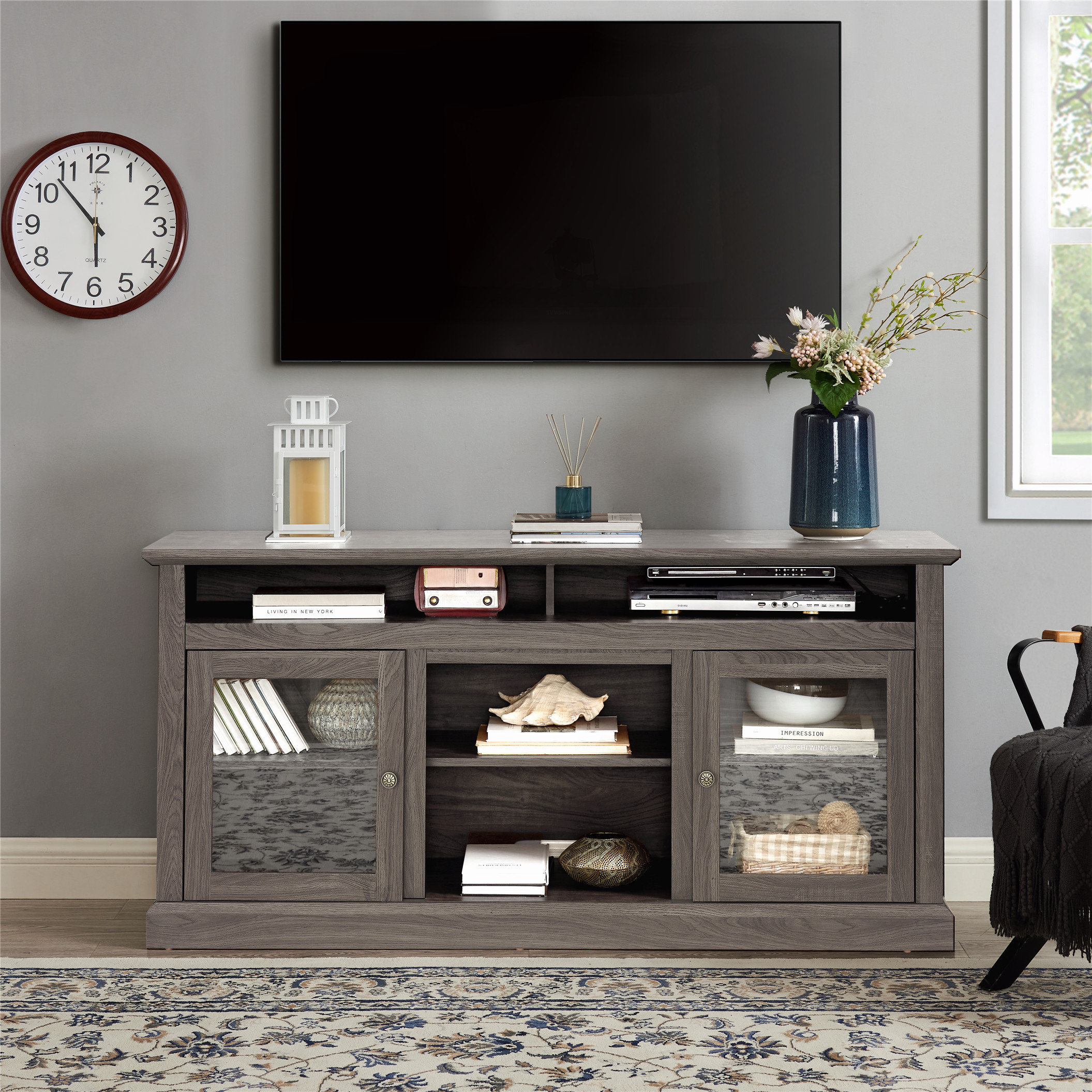 Latitude Run® Modern TV Stand with Glass Doors and Adjustable Shelves ...