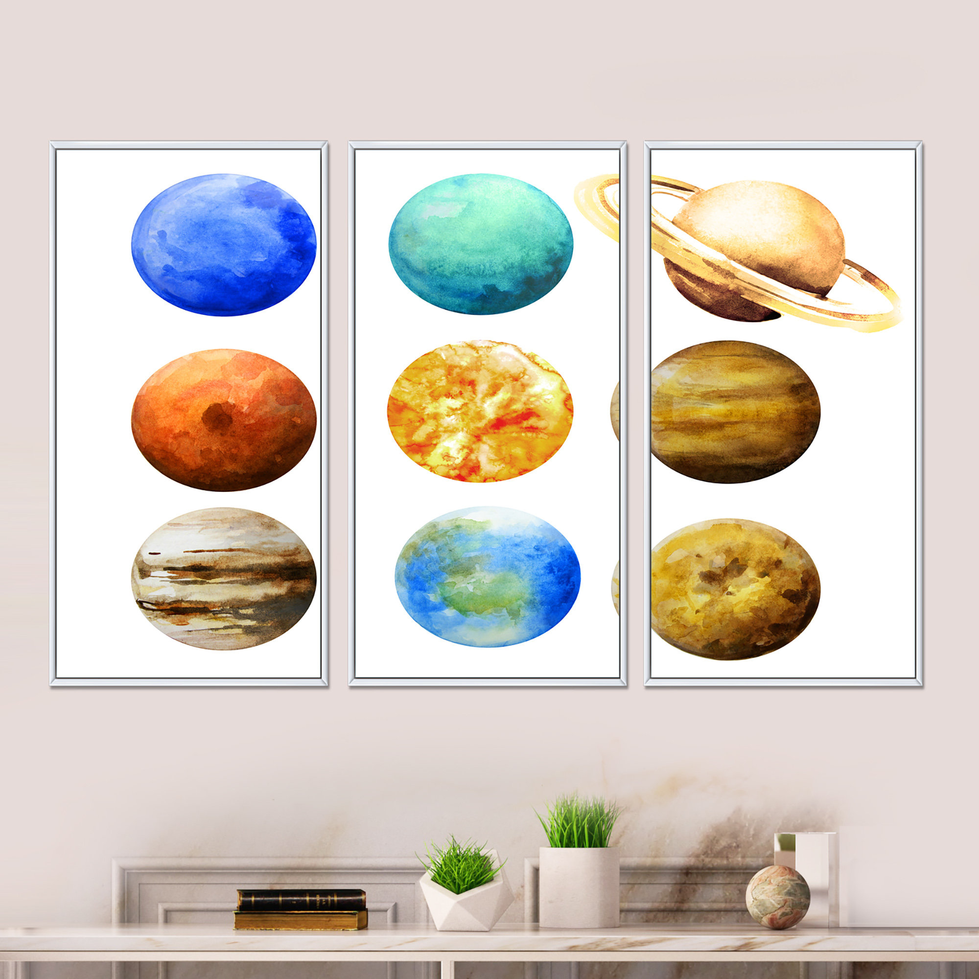 Design Art Various Planets In Orbit - Modern Framed Canvas Wall Art Set ...