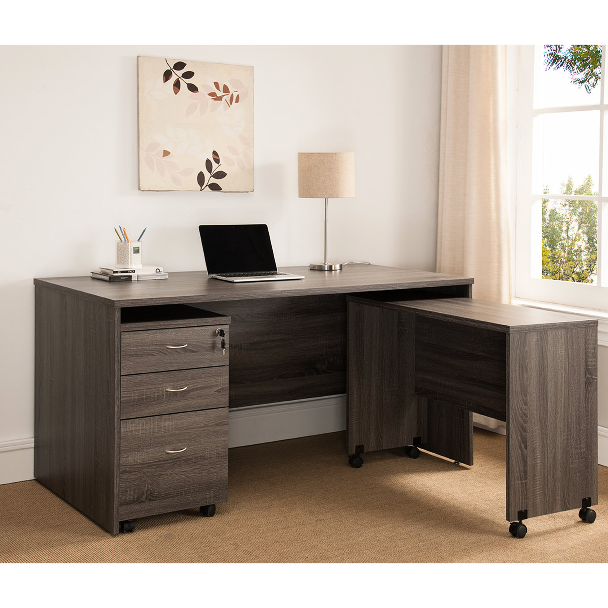 Ebern Designs Home Office Furniture In Distressed Grey With A Wooden ...