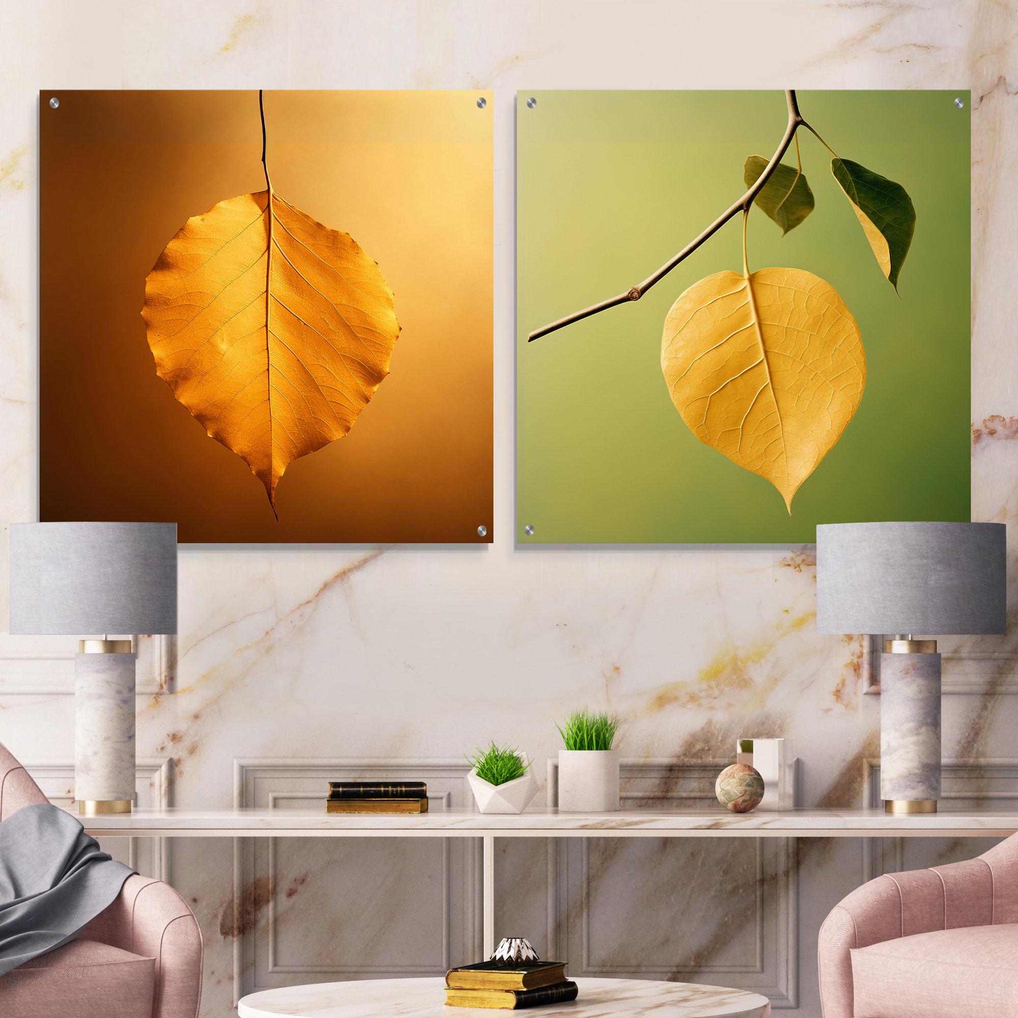 Lark Manor™ Light Yellow Leafy Zen - Leaves Acrylic Wall Art Glass Set ...