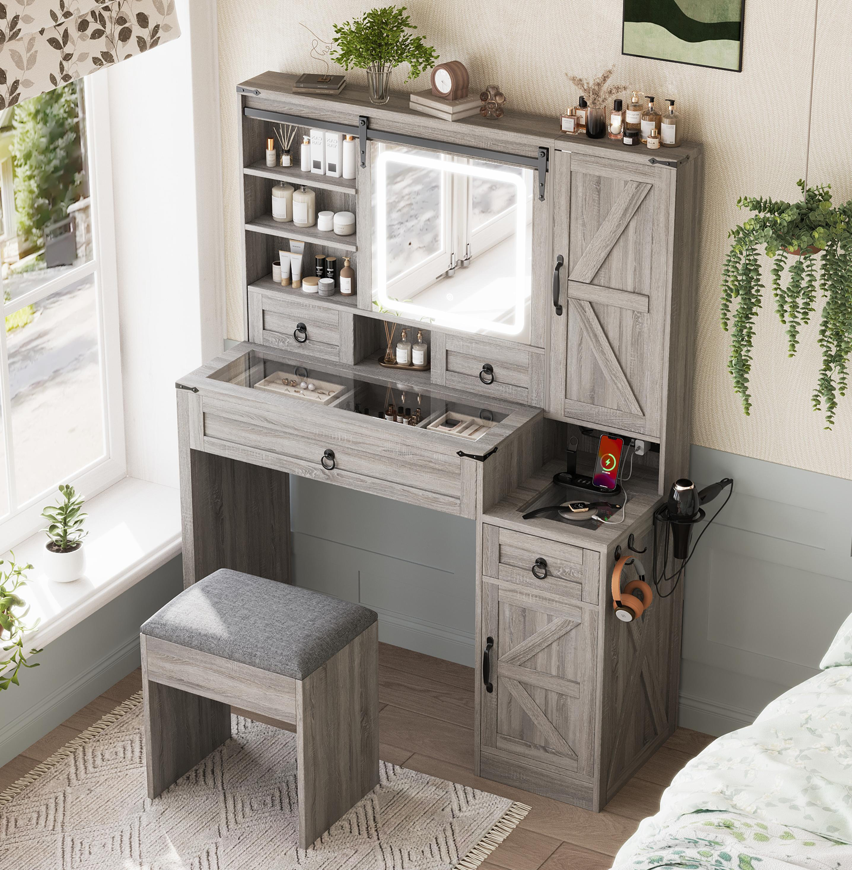 One Allium Way® Farmhouse Vanity Desk With Sliding Mirror And Lights ...