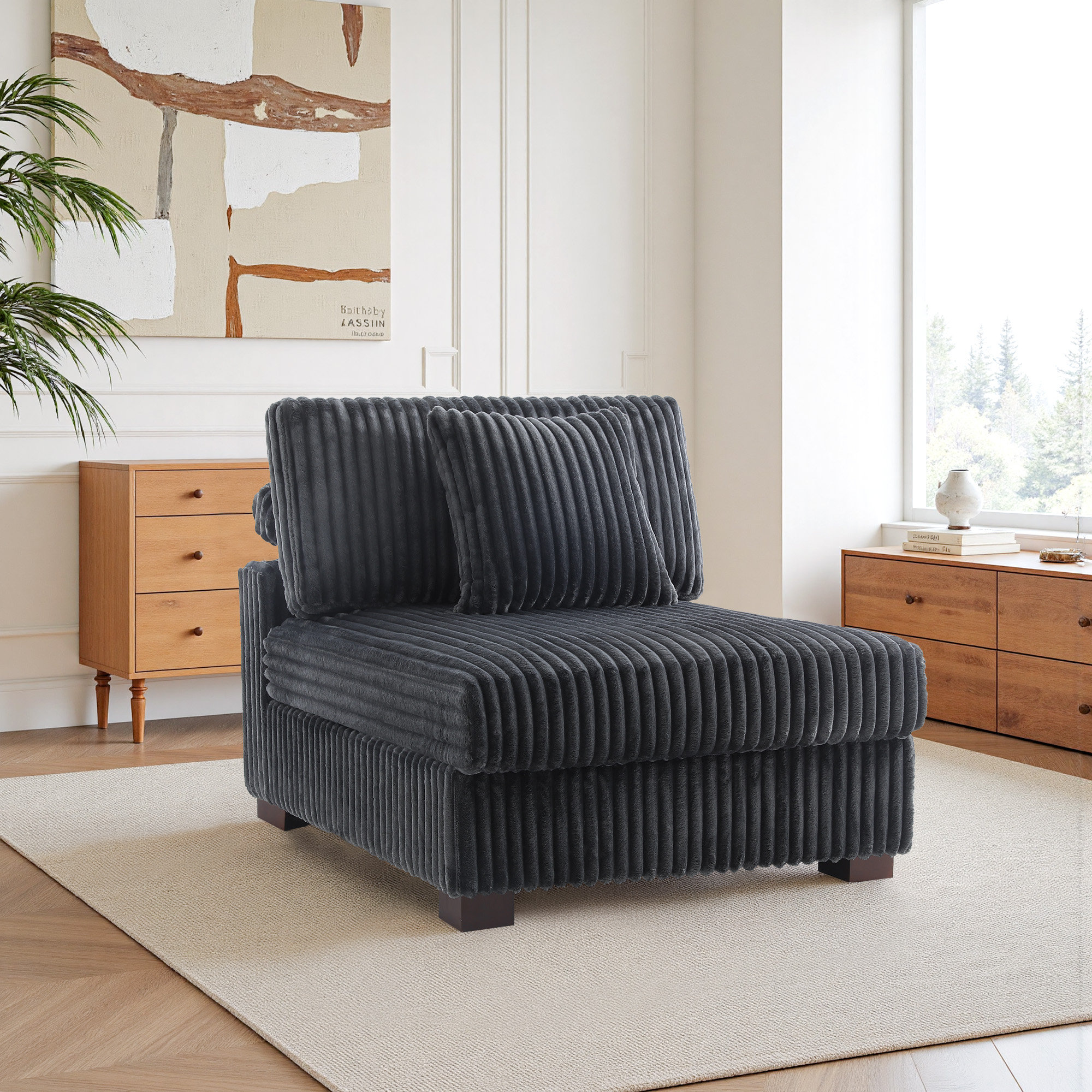 Ebern Designs Upholstered Faux Rabbit Fur Flannel Armless Chair with ...