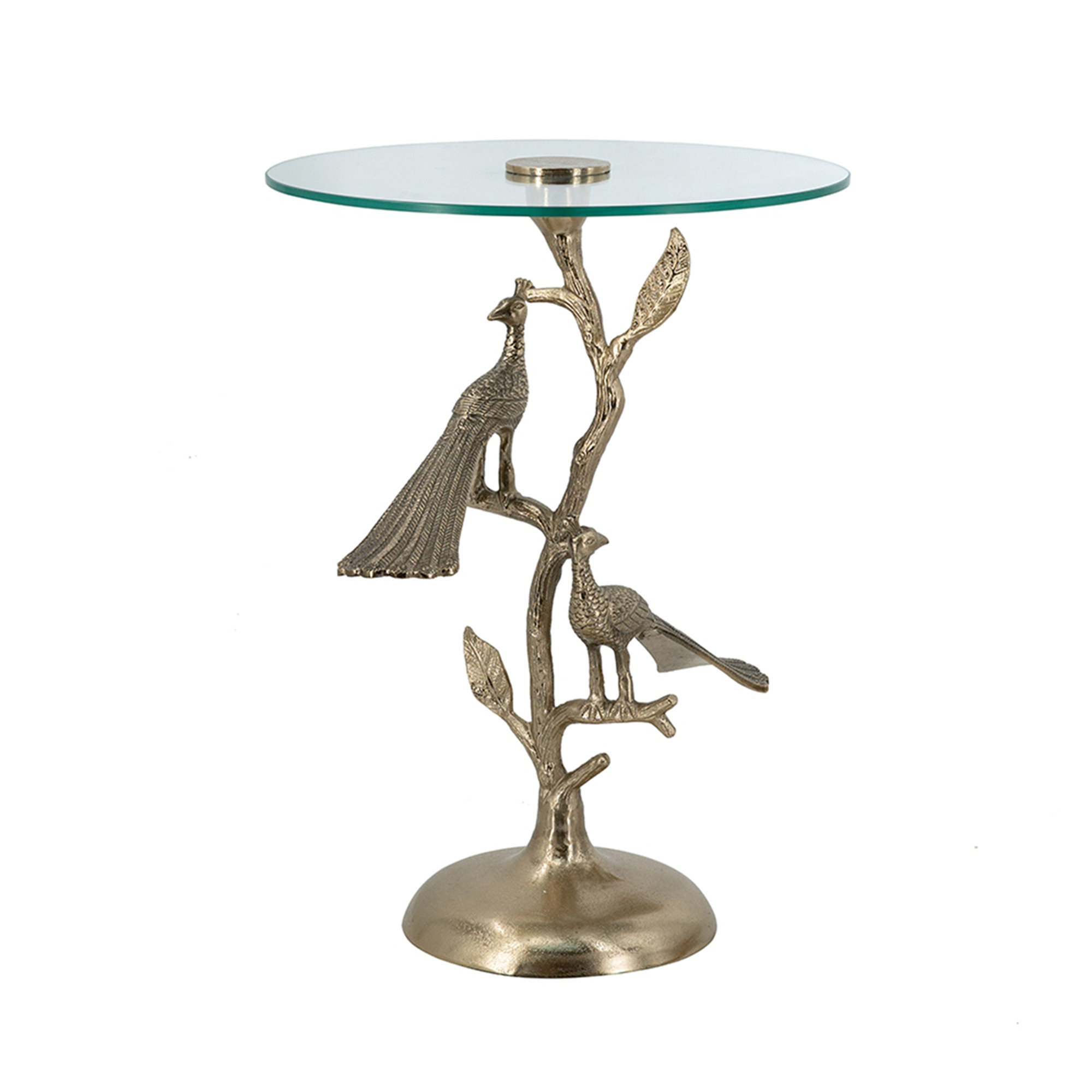 Everly Quinn Gold Peacock Side Table With Round Glass Top | Wayfair
