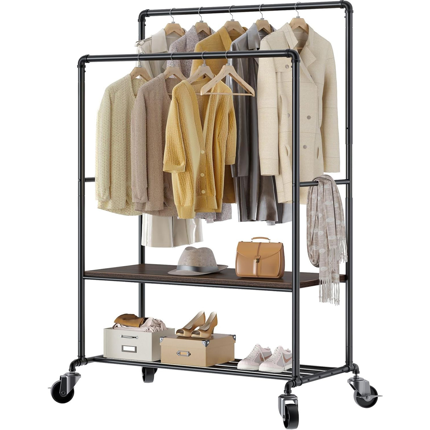 Williston Forge Sturdy Clothing Rack with Double Rods and Shelves, 62 ...