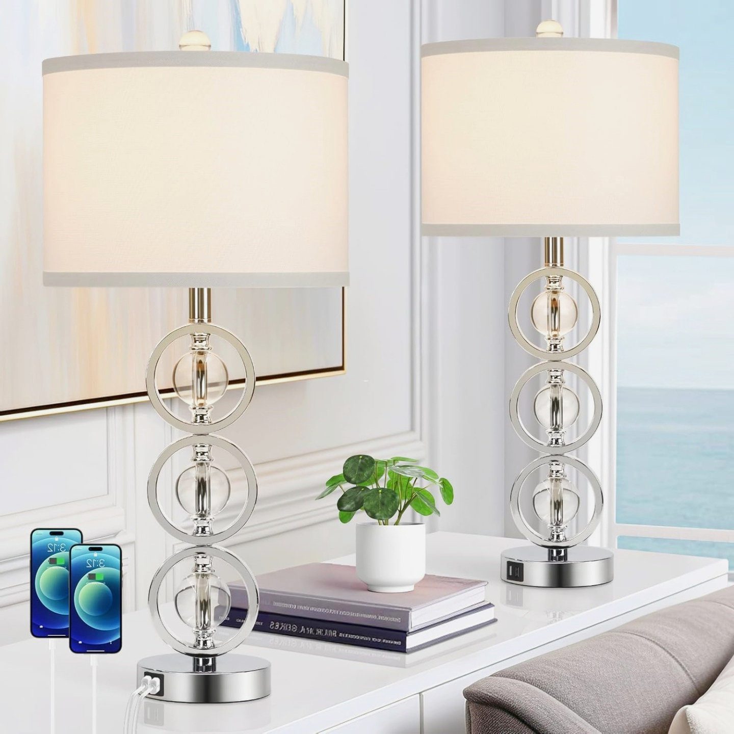 Orren Ellis Modern Glass Table Lamps with White Fabric Shade | Wayfair