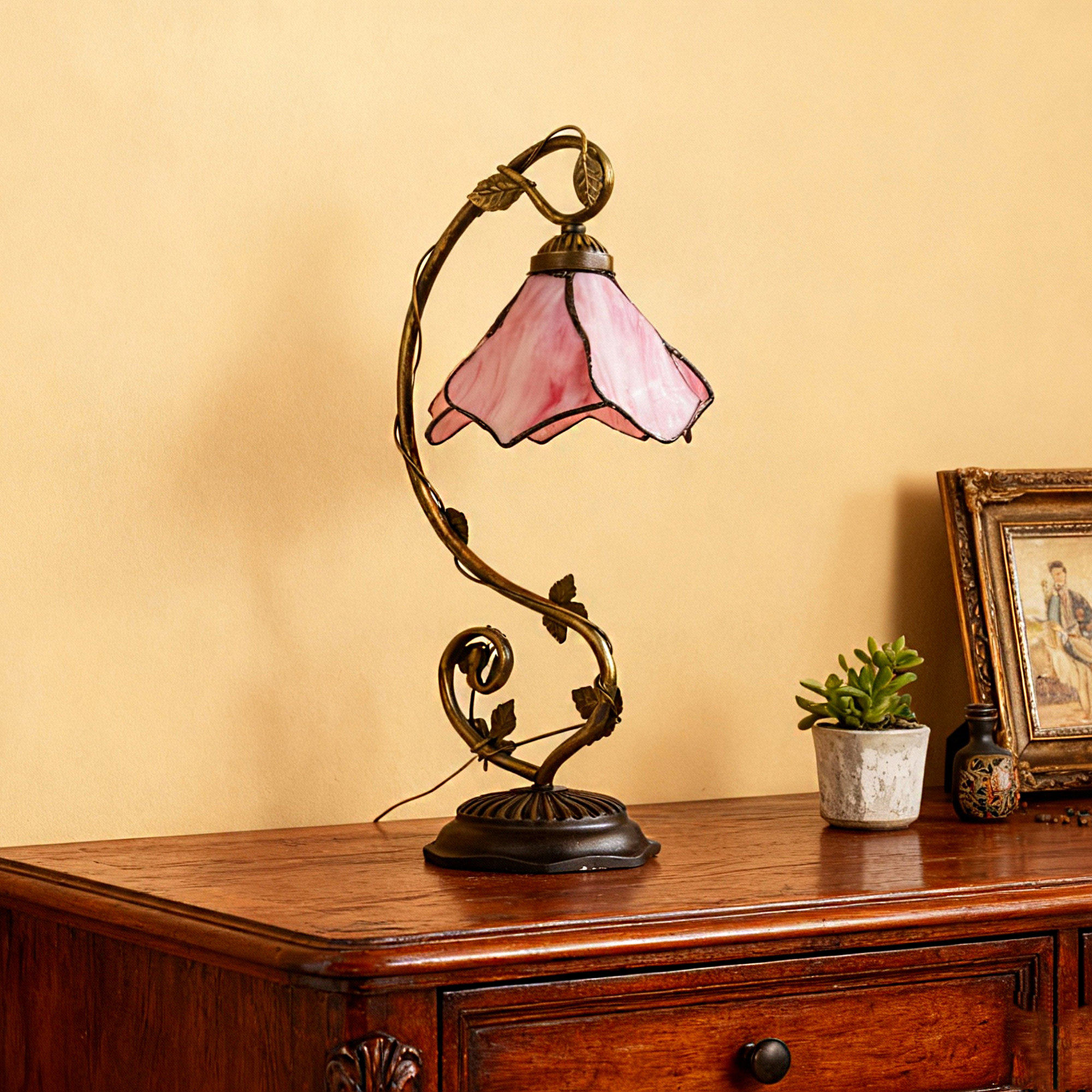 Latitude Run® Pink Stained Glass Flower Table Lamp With Resin Base, 1 ...