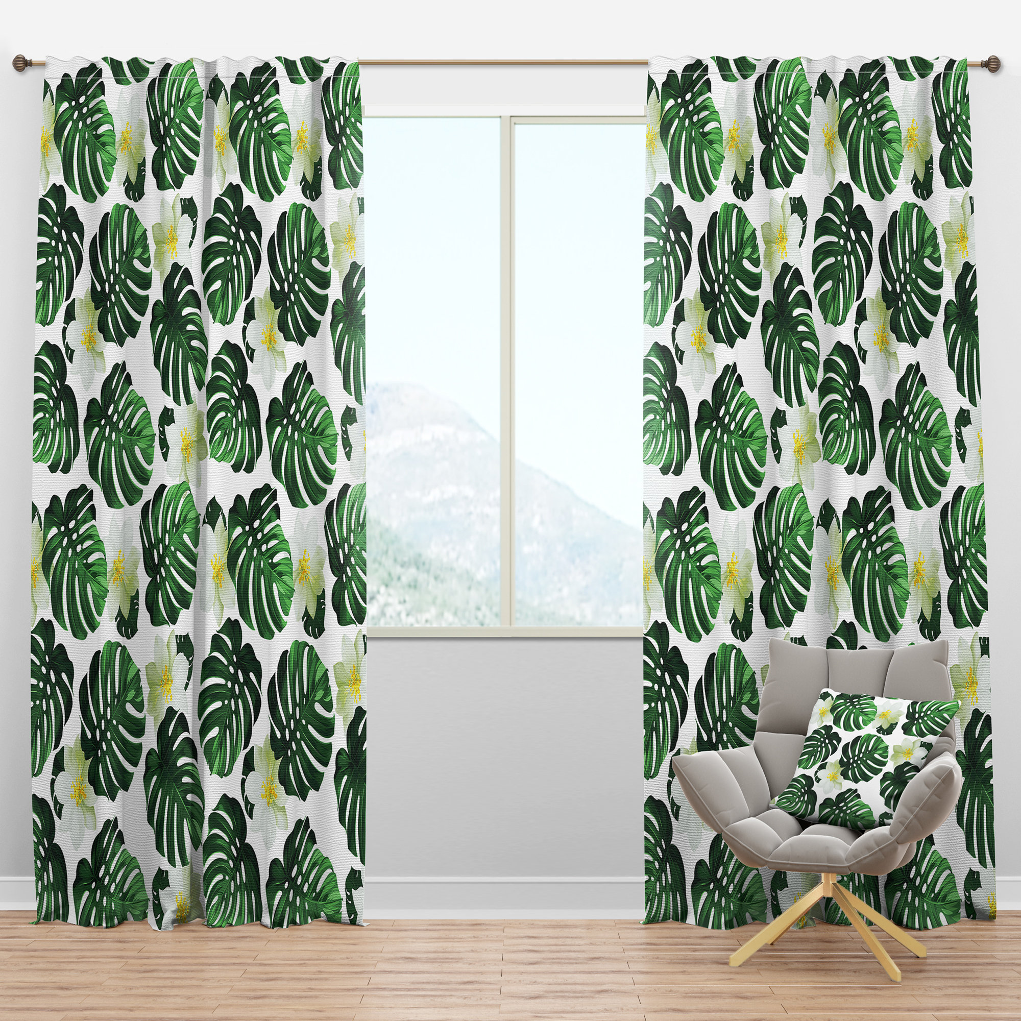 Design Art Monstera Leaves with Floral Semi-Sheer Thermal Rod Pocket ...