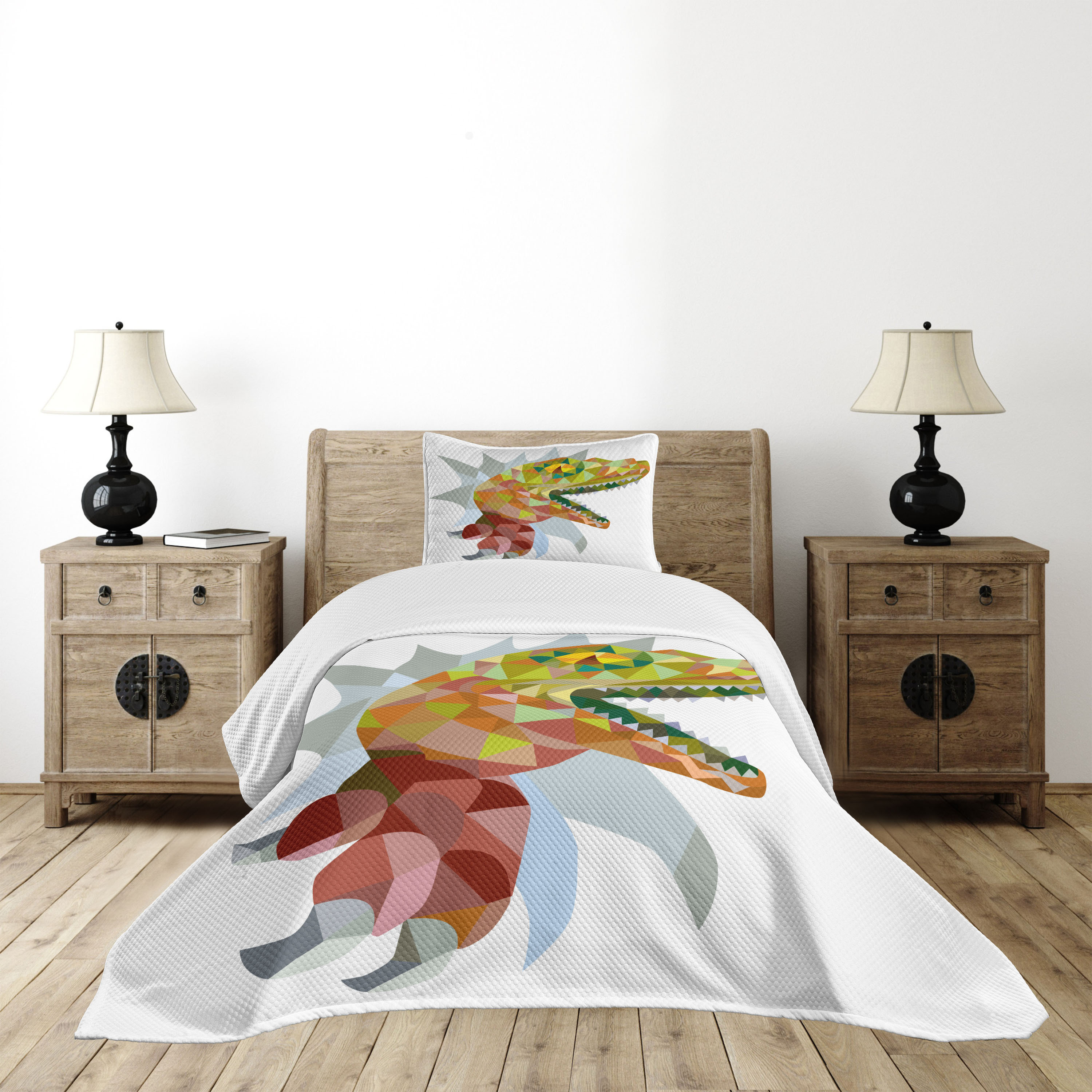 Ambesonne Dinosaur Bedspread Set Colorful Mosaic T-rex Multicolor | Wayfair