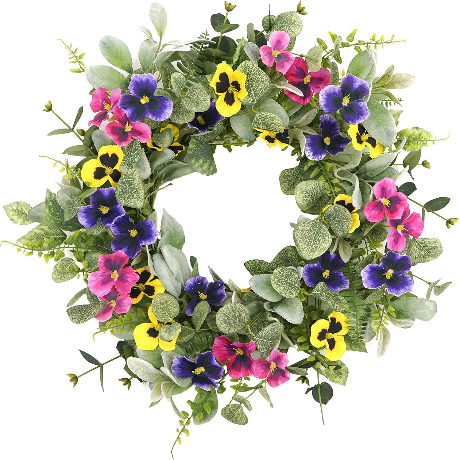 Primrue Artificial Spring Summer Wreath With Pansy Flowers,Flocked Lamb ...