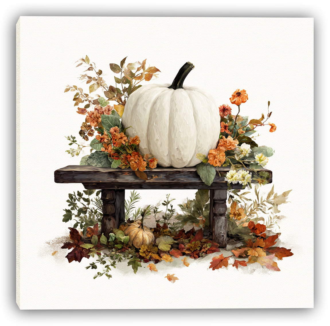 Ophelia & Co. White Pumpkin on Bench Wrapped Canvas Wall Art | Wayfair