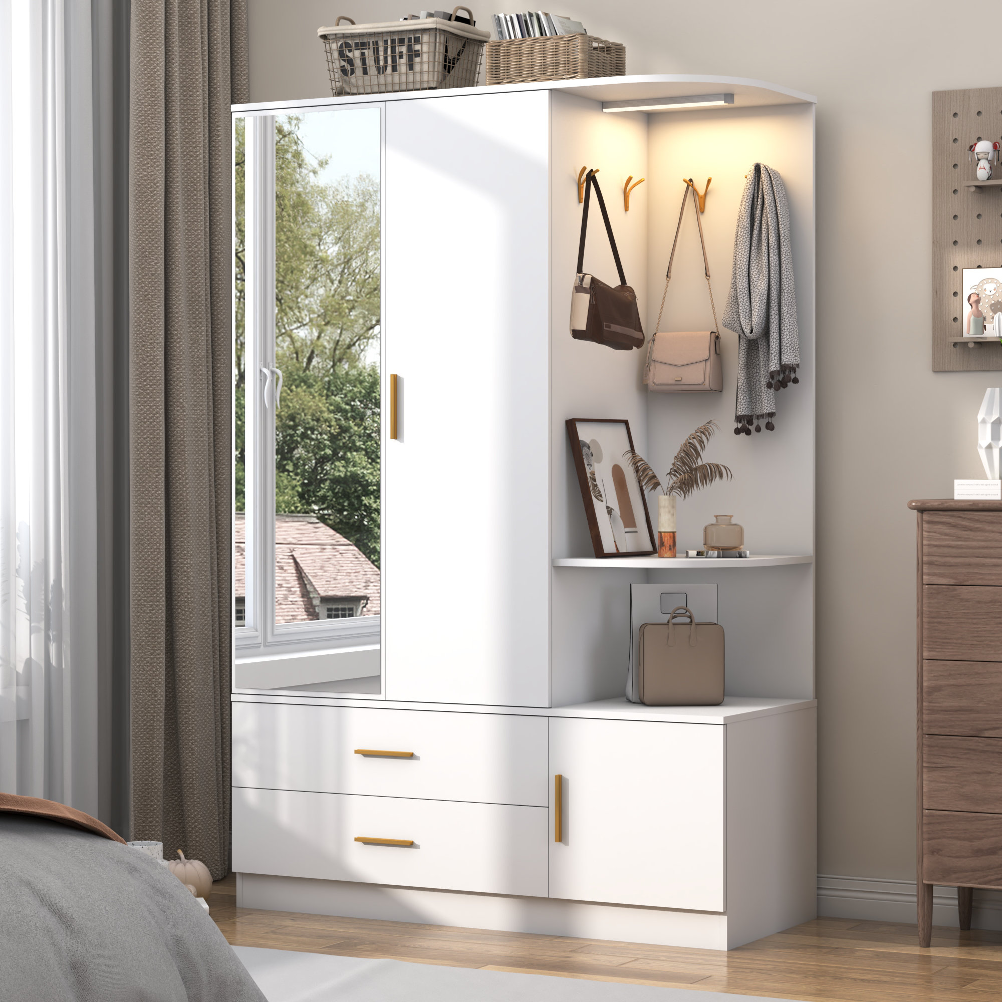 Ivy Bronx Modern 3-Door Armoire Wardrobe Closet With Mirror & Sensor ...