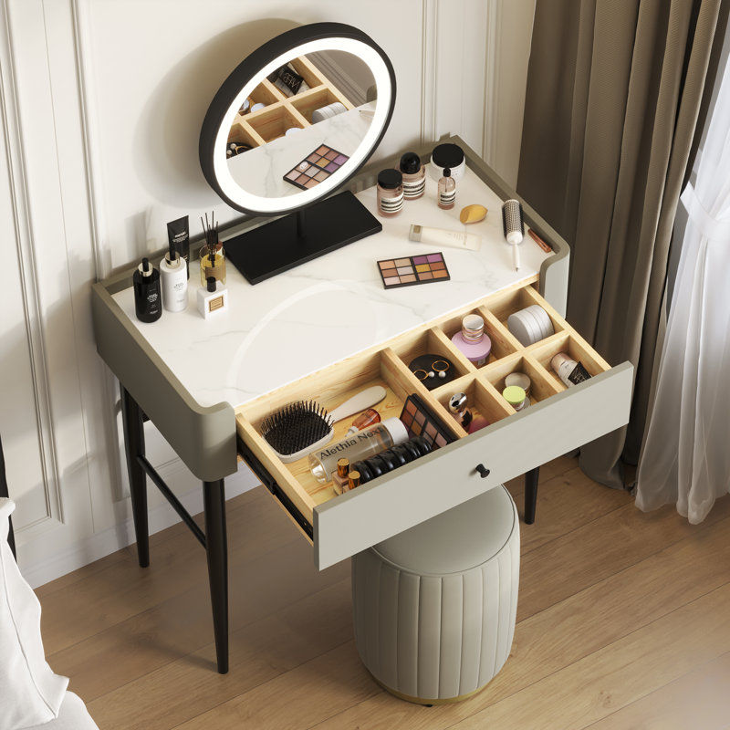 Mercer41 Edorta 31.5'' W Solid Wood Makeup Vanity Set with Lighted ...
