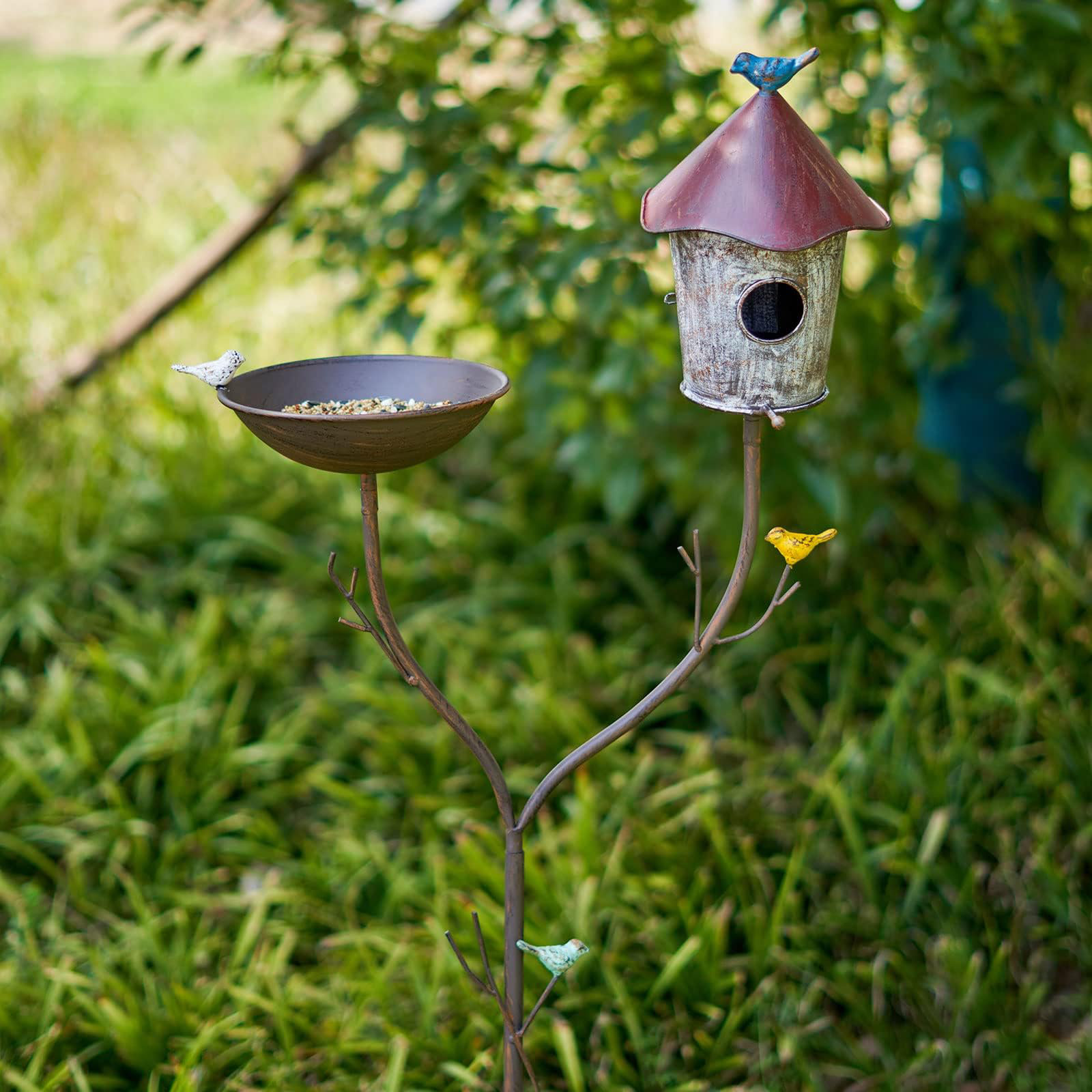 August Grove Bird Baths and BirdHouses with Pole, Distressed Metal Bird ...