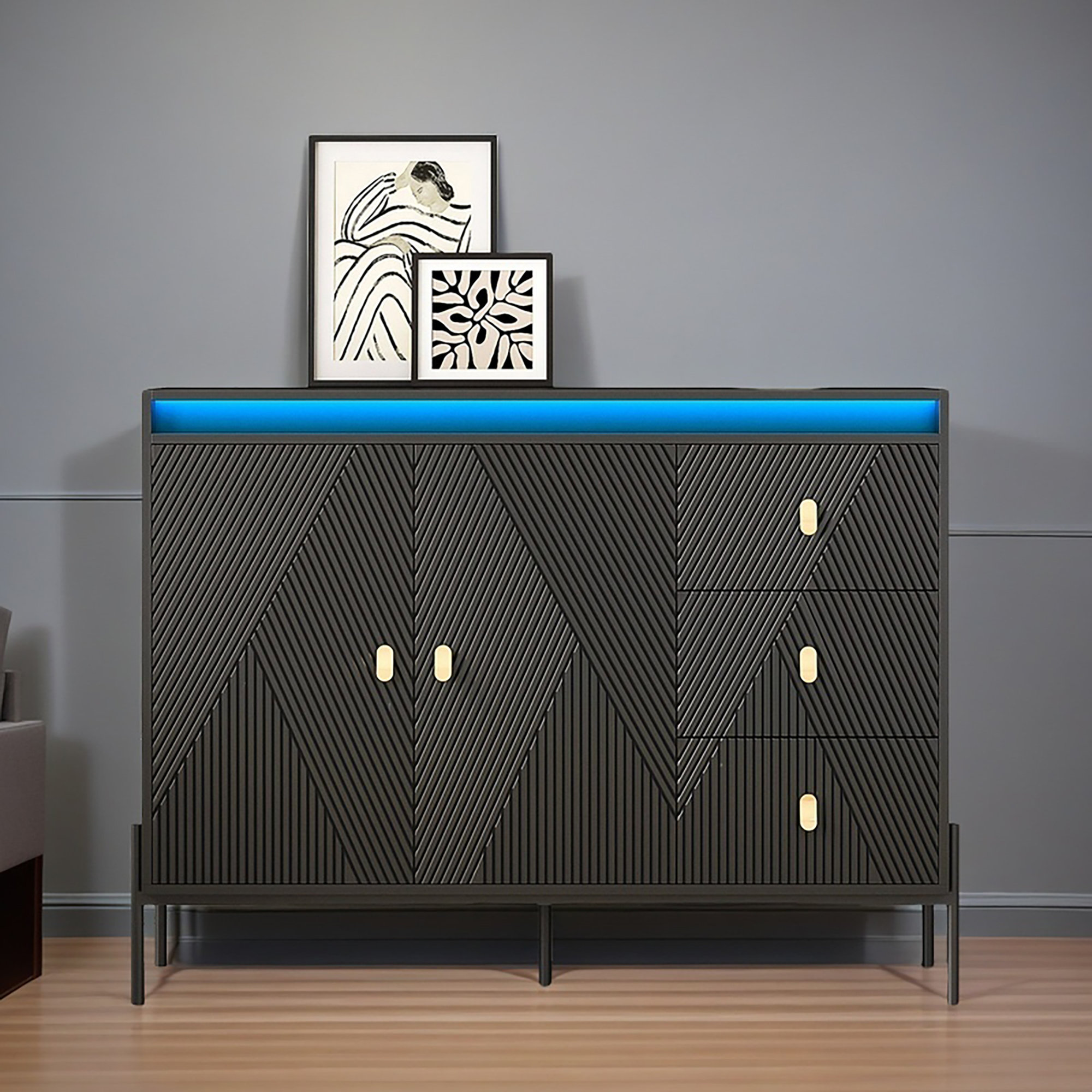 Ivy Bronx Buffet Cabinet Sideboard Fluted Sideboard Cabinet 2 Door 3 ...