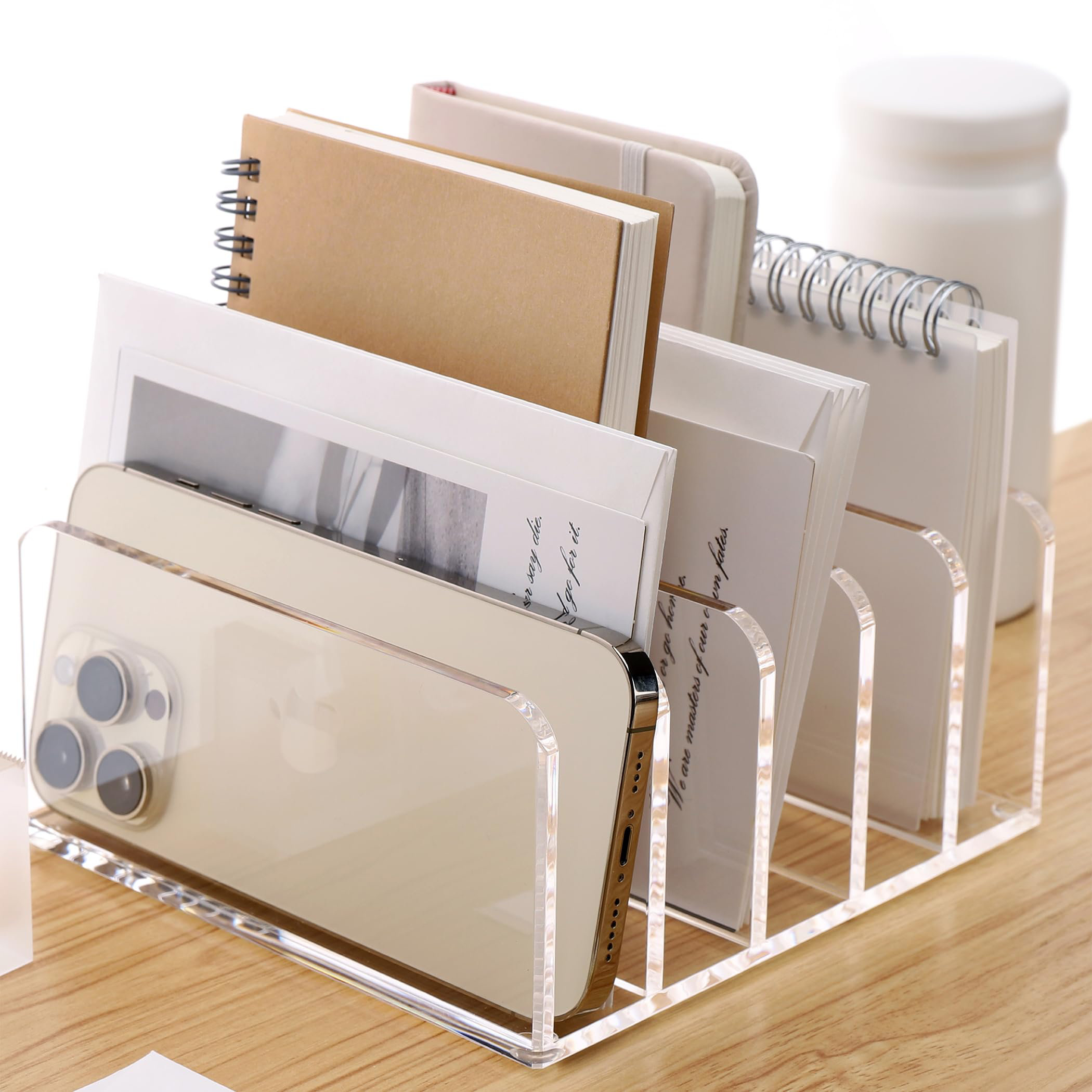 Ivy Bronx Clear Desktop File Organizer, 5 Compartments Acrylic Office ...