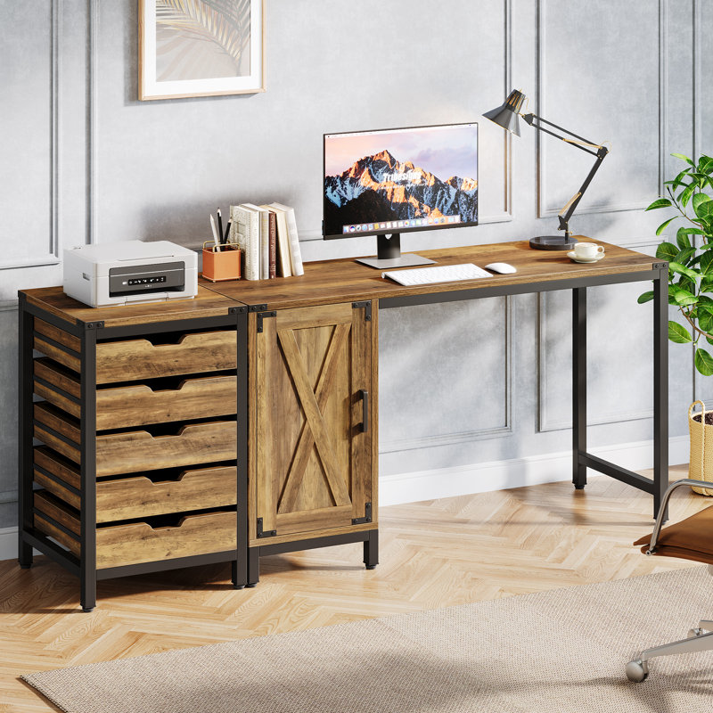 Gracie Oaks Reversible Computer Desk With Cabinet And a 5-Drawer ...