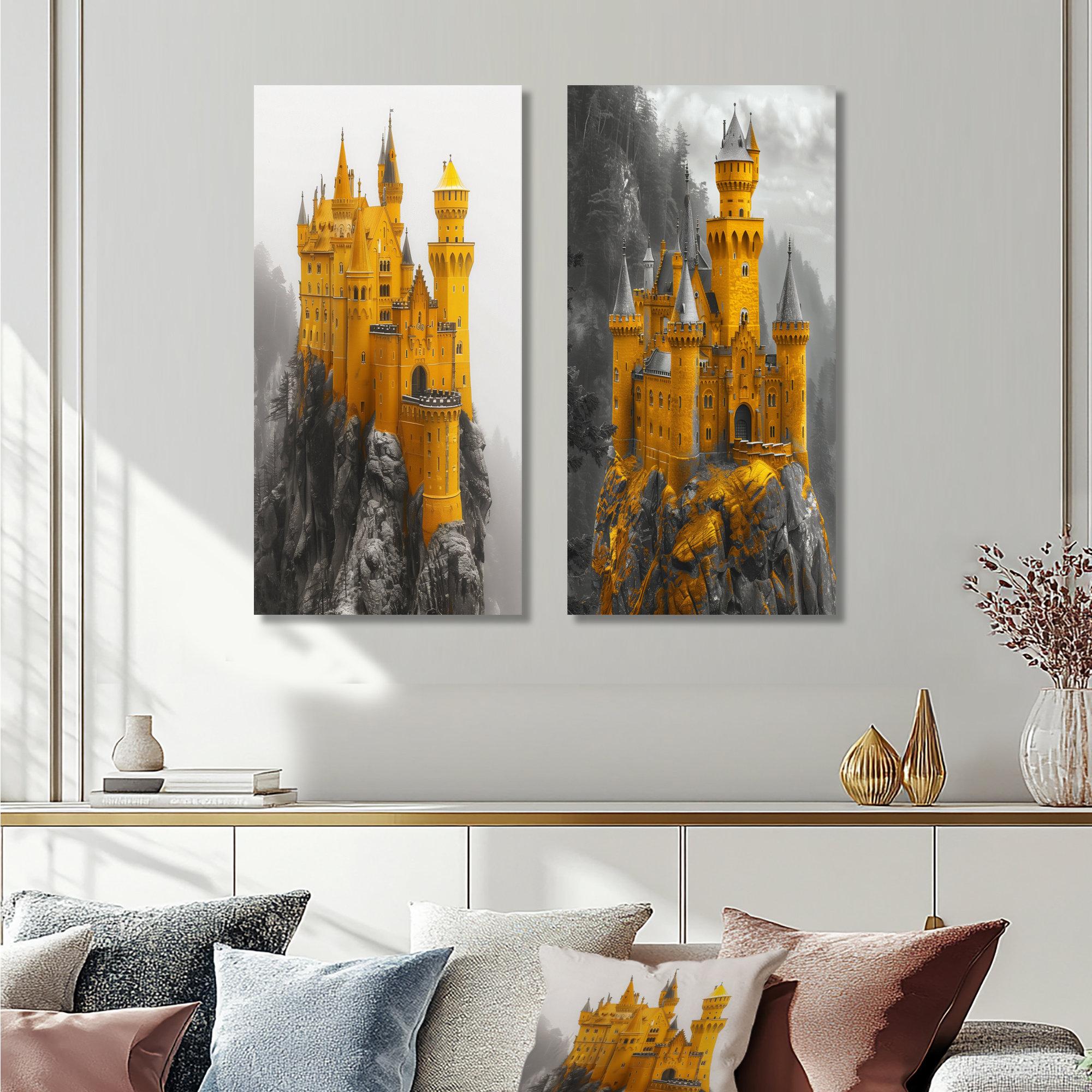Millwood Pines Monochrome Yellow Grey Fortress Castle In Mountain I ...