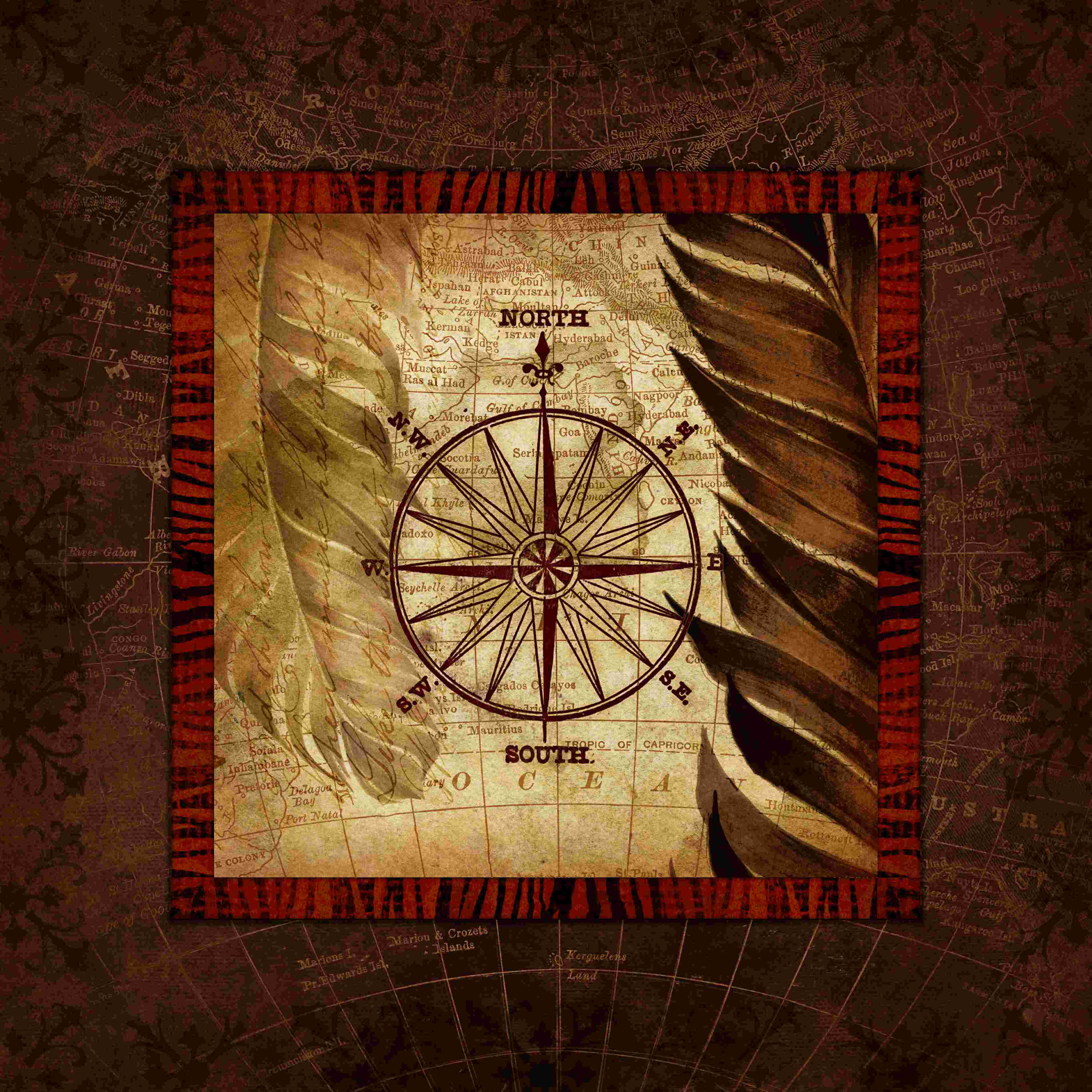Breakwater Bay Compass Rose with Feathers - Wrapped Canvas Painting ...
