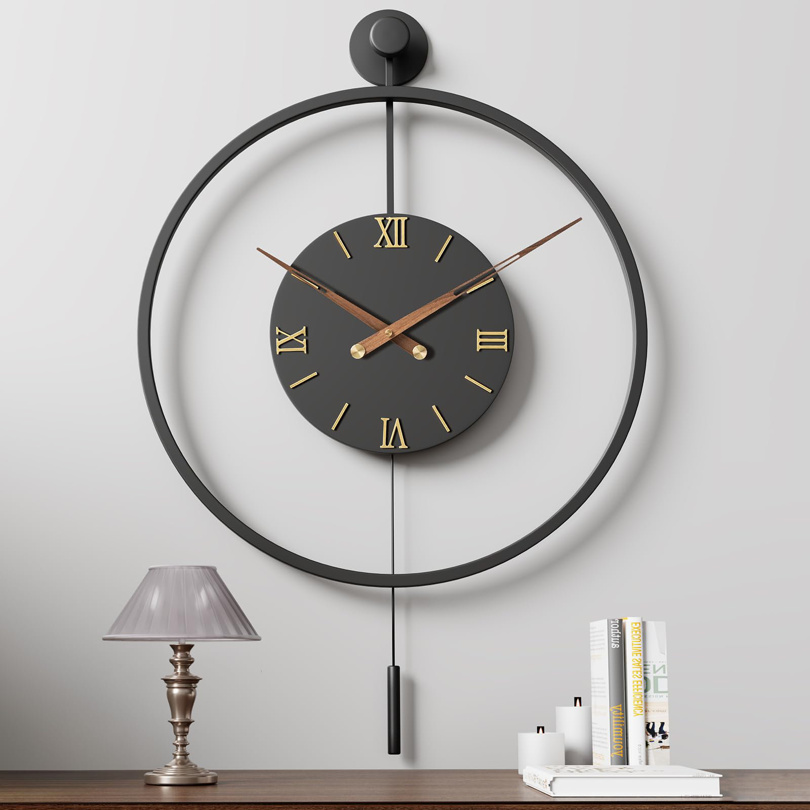 COAHAHA Modern Wall Clock, 3D Roman Numbers, Pendulum Clock With Walnut ...