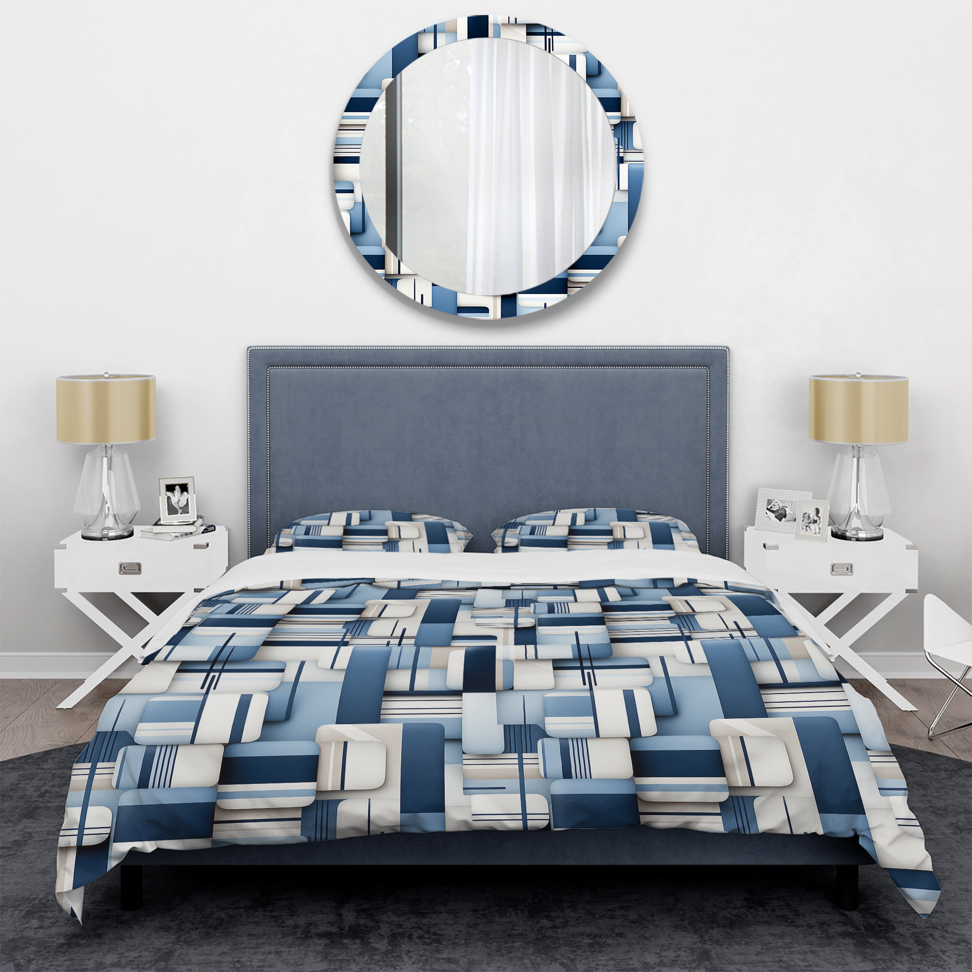 Design Art White And Blue Geometric Blocks Harmony Blue/White Microfiber Duvet Cover Set | Wayfair
