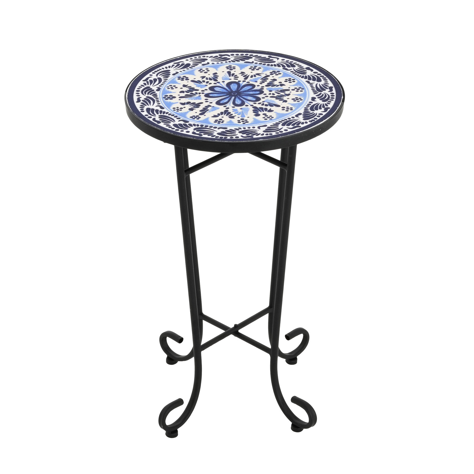 Ebern Designs Outdoor Side Table In Blue+Black - Ceramic Tile Top With ...