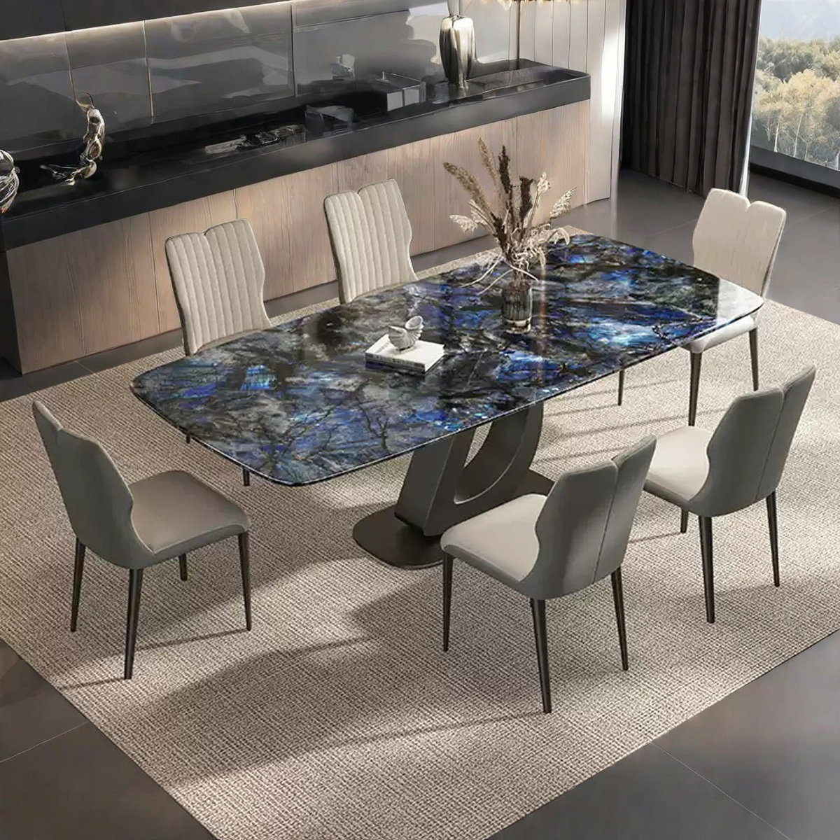 ALLNICEDT Rectangular Blue Microlite Stone Dining Table Sets | Wayfair