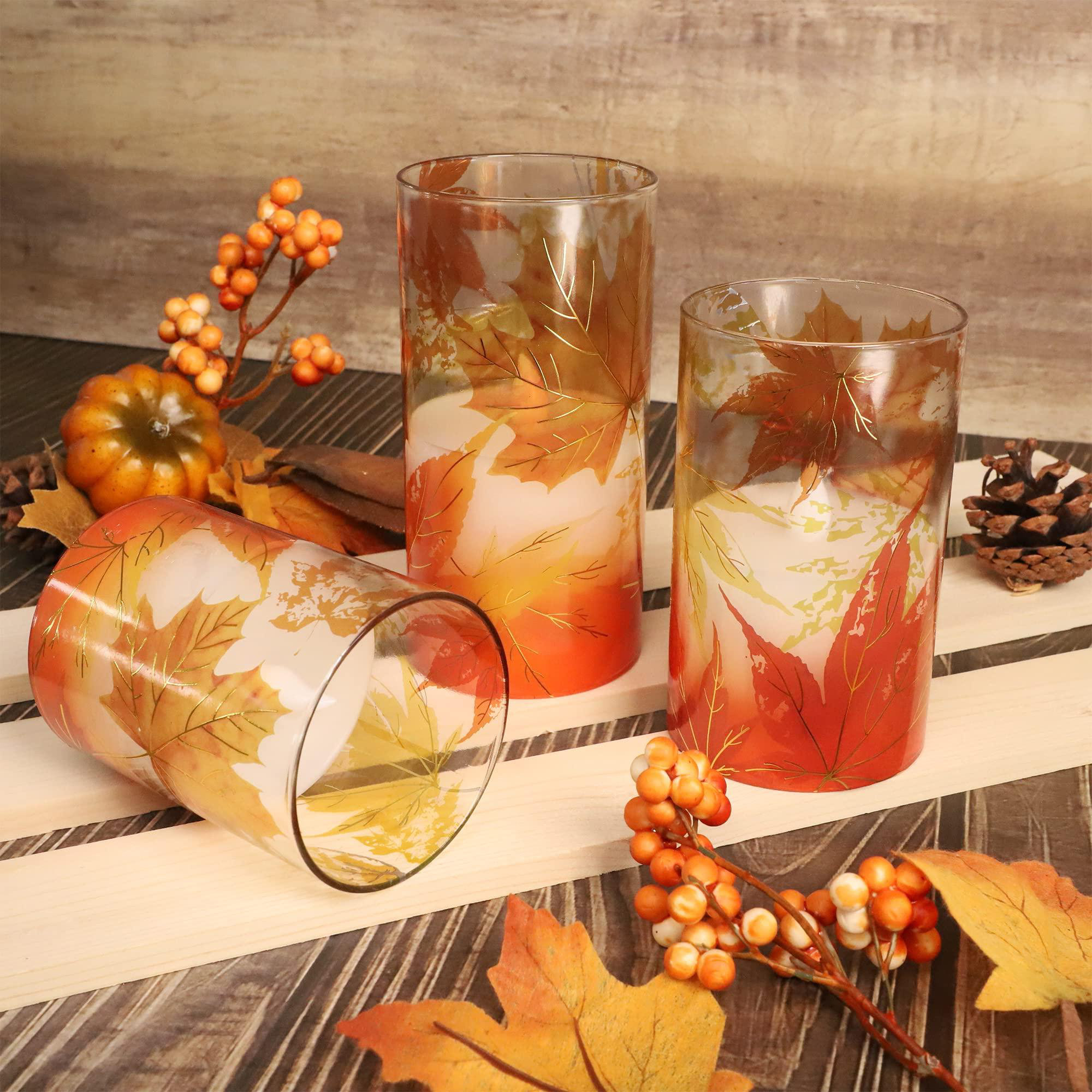 The Holiday Aisle® Fall LED Flameless Candles with Autumn Maple Leaves ...
