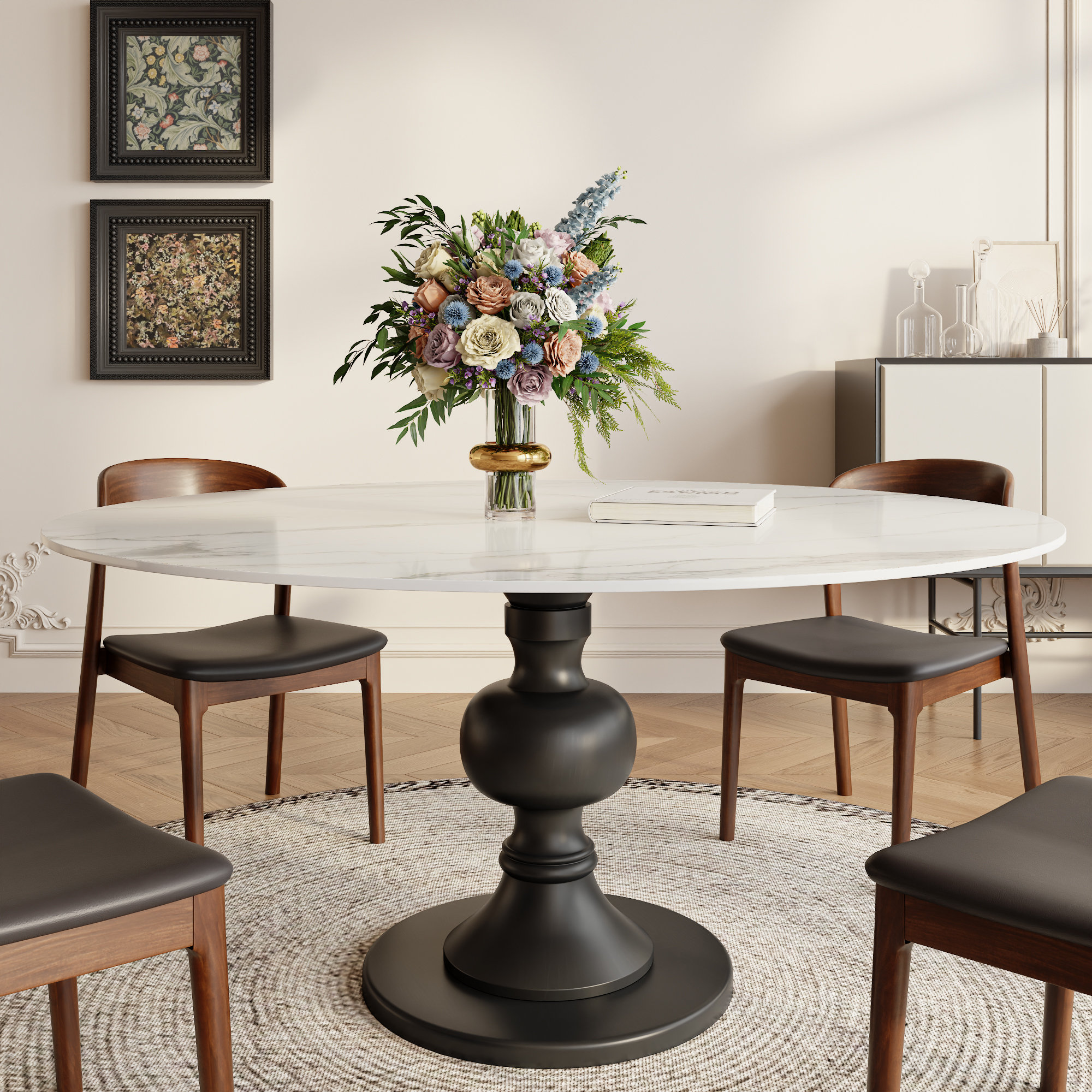 Ivy Bronx Round Sintered Stone Dining Table with Solid Wood Pedestal ...