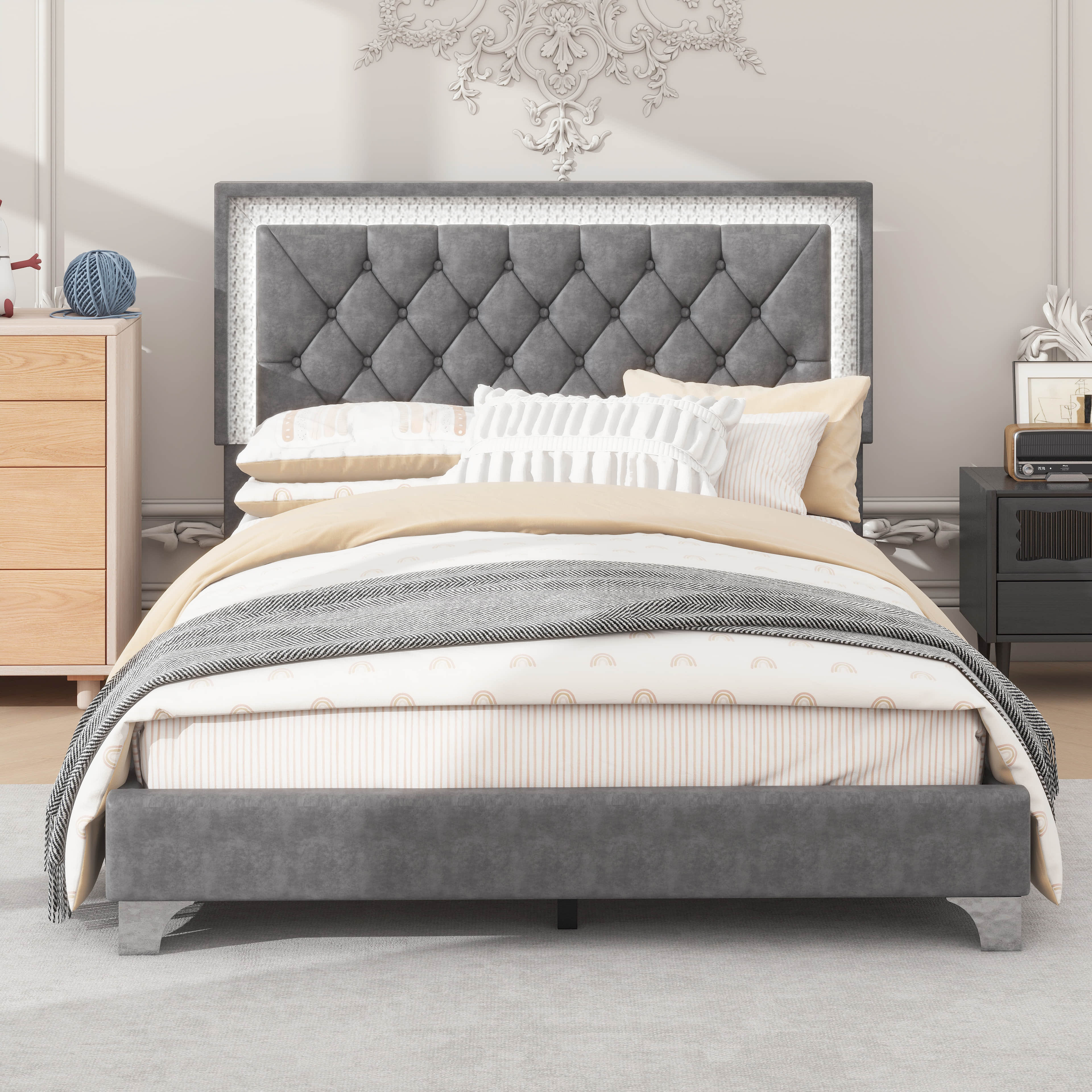 Mercer41 Stylish LED-Lit Velvet Upholstered Platform Bed With Tufted ...