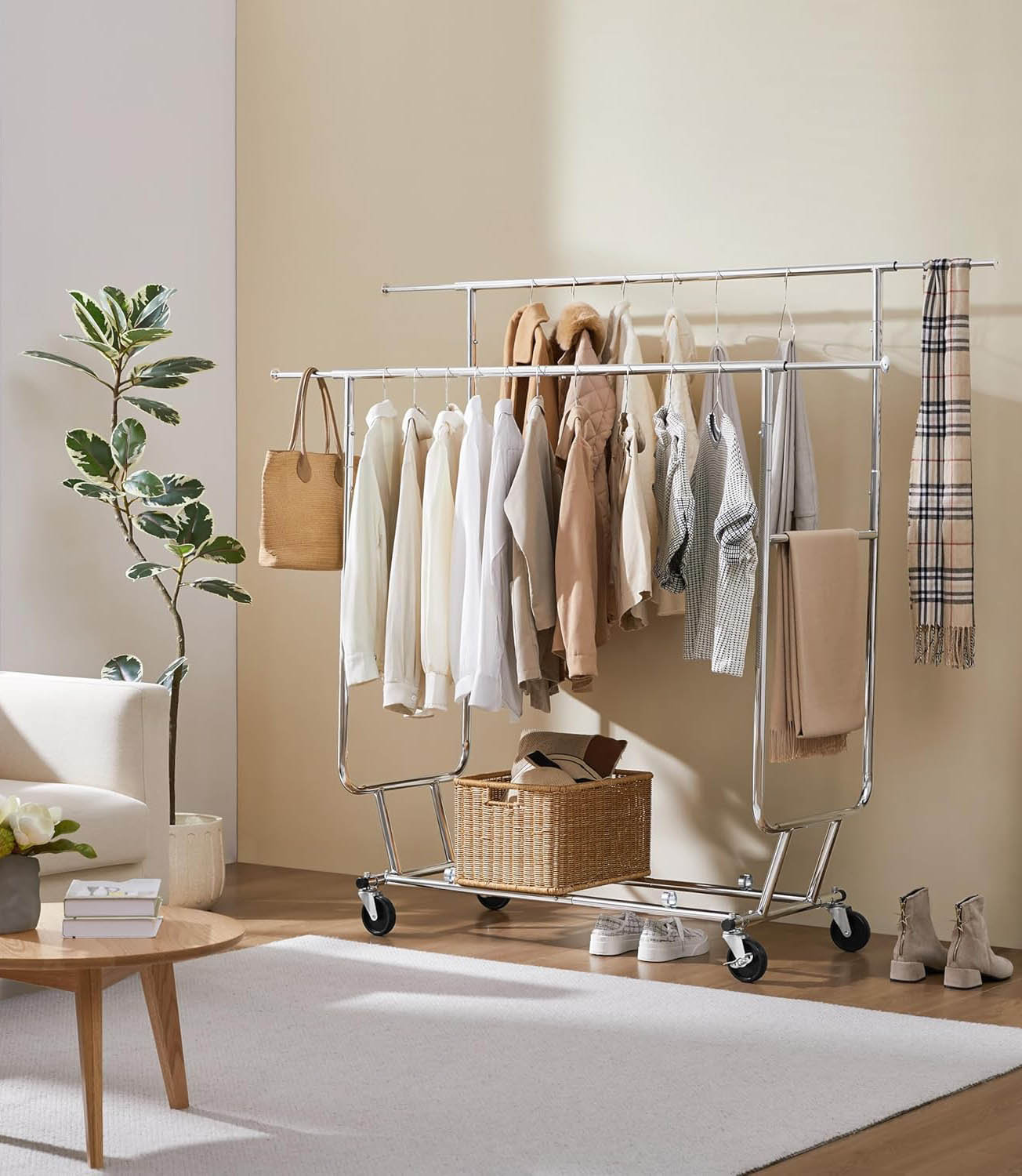 Rebrilliant Rolling Clothes Rack, Heavy Duty Double Rail Clothing Rack ...