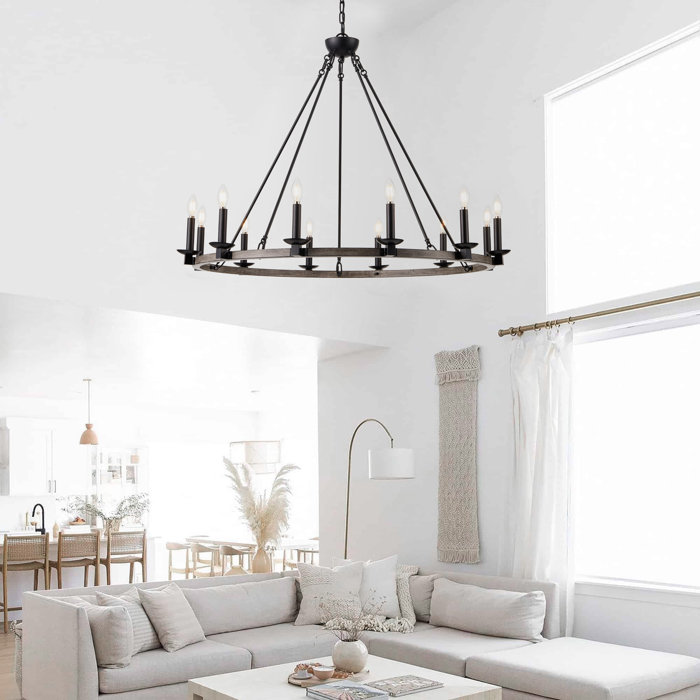 17 Stories 12-Light Rustic Hanging Wagon Wheel Light Fixtures | Wayfair