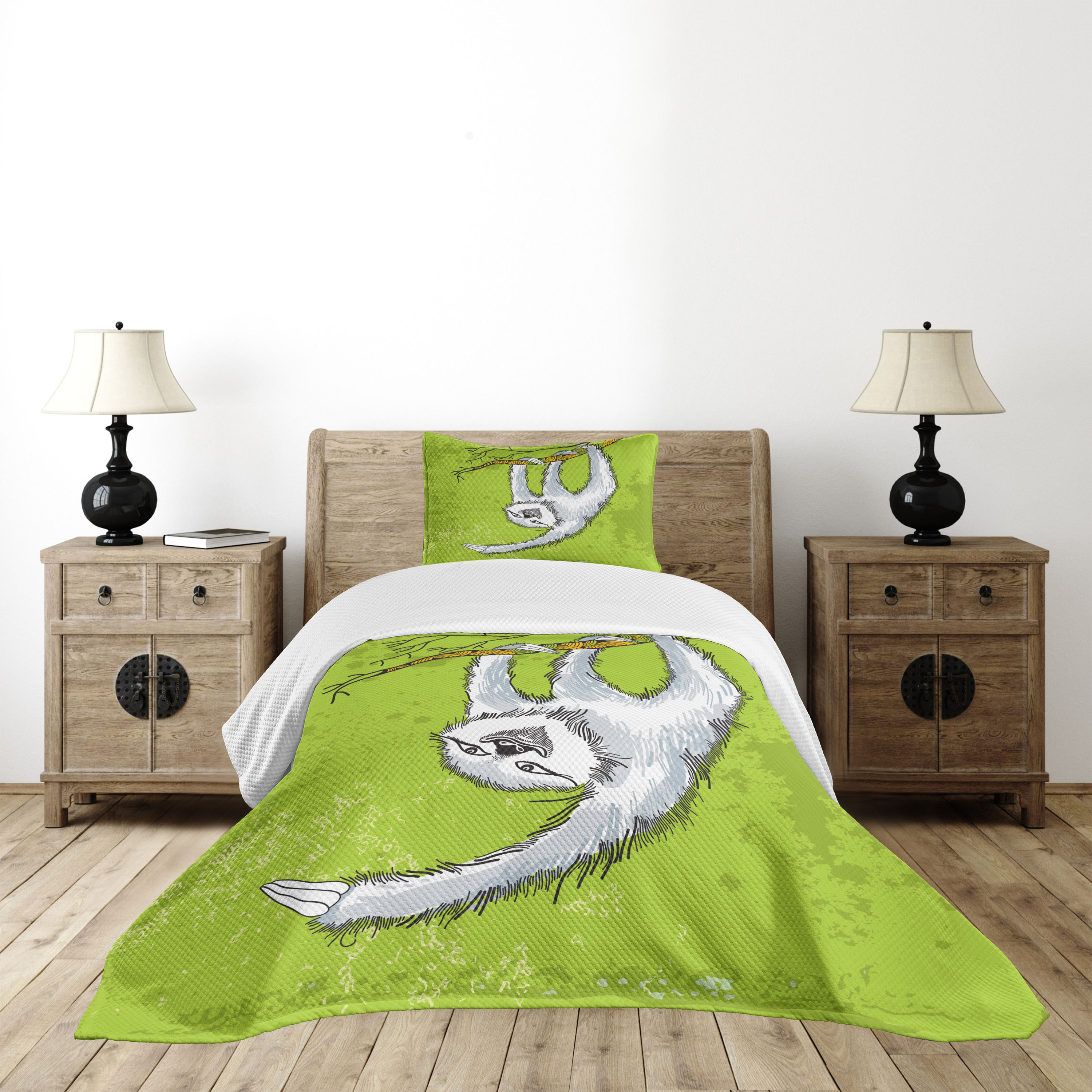 Ambesonne Sloth Bedspread Set Animal Branch Pale Grey Green White | Wayfair