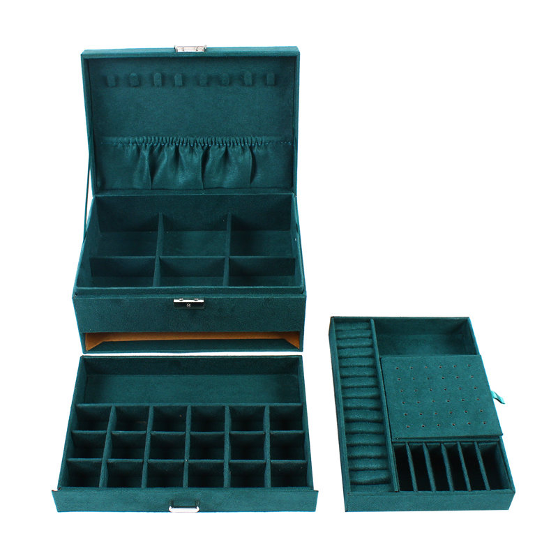 Everly Quinn 3-Layer Dark Green Flannel Ring Necklace Jewelry Box with ...