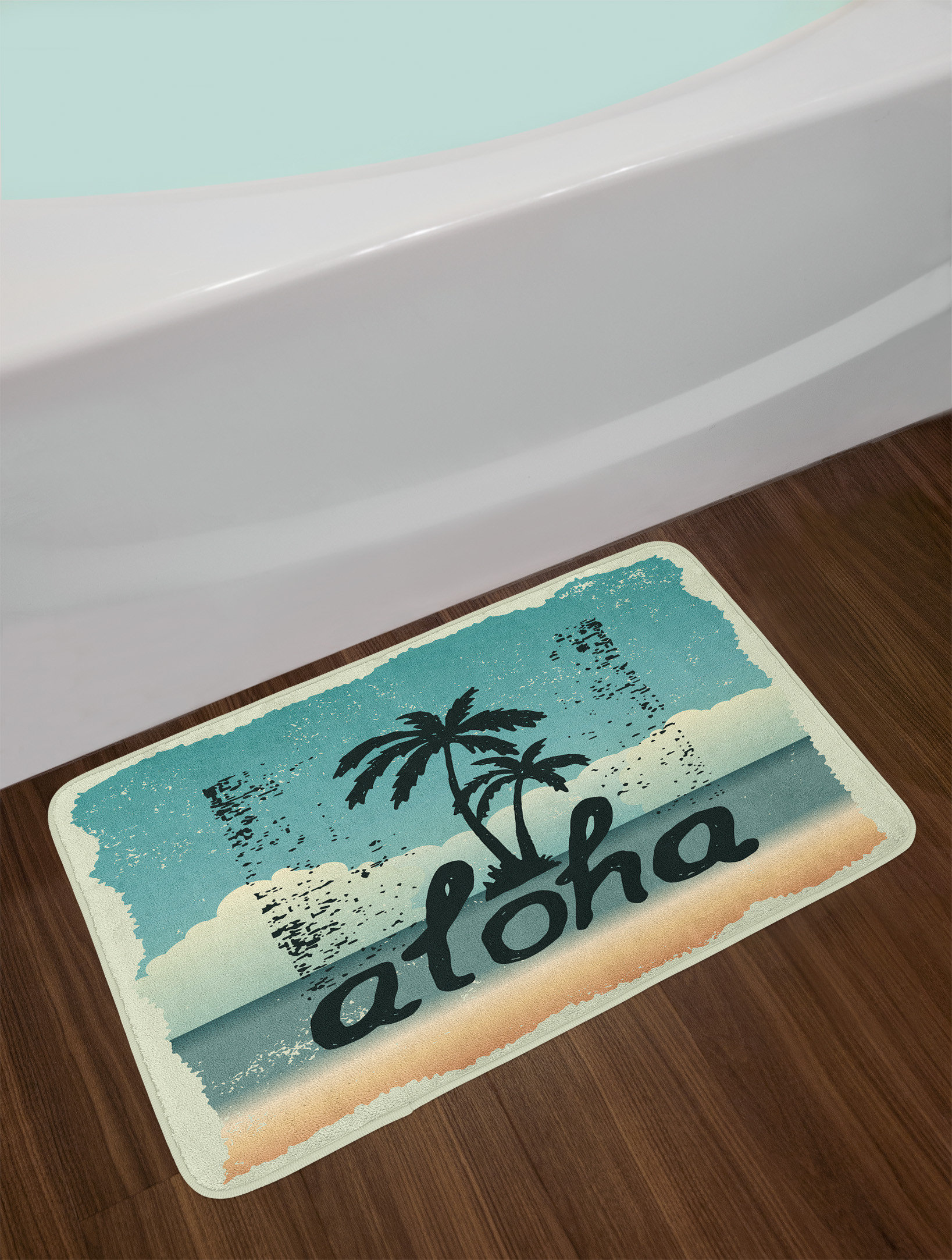 East Urban Home Aloha Plush Bath Mat, Grunge Typography Palm Trees, 30. ...