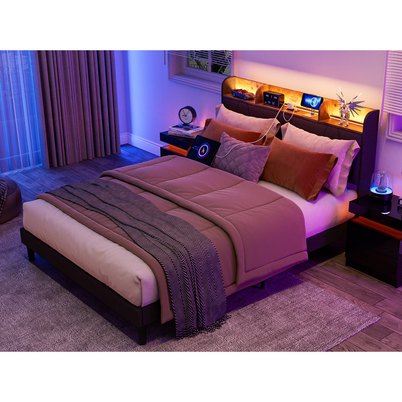 Ivy Bronx Gearl Upholstered Bed With Storage Shelf Headboard & Charging ...
