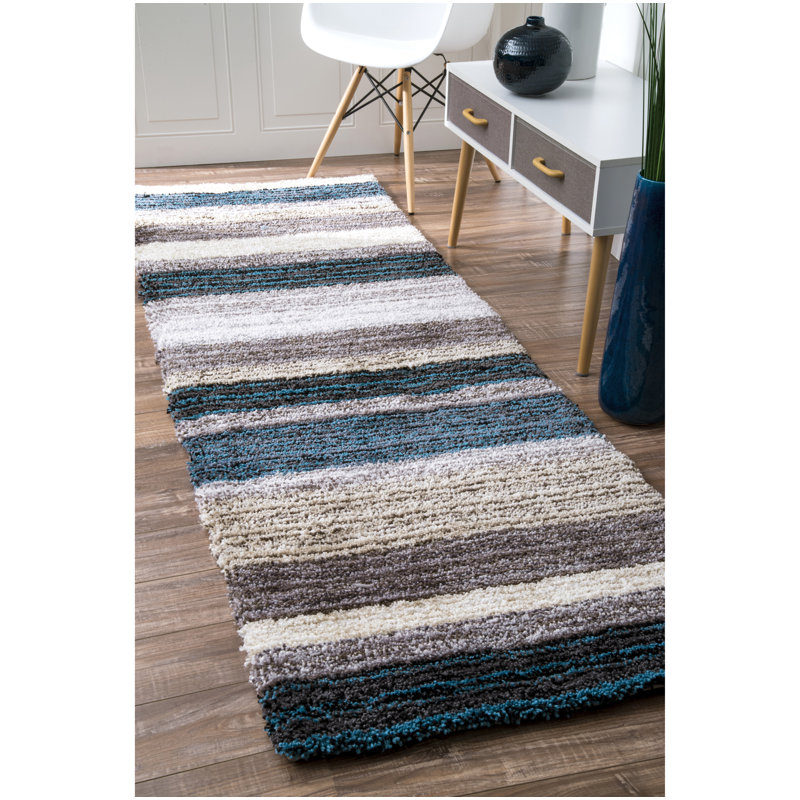 Langley Street City Striped Shag Tufted Performance Brown/Teal/Blue Rug ...