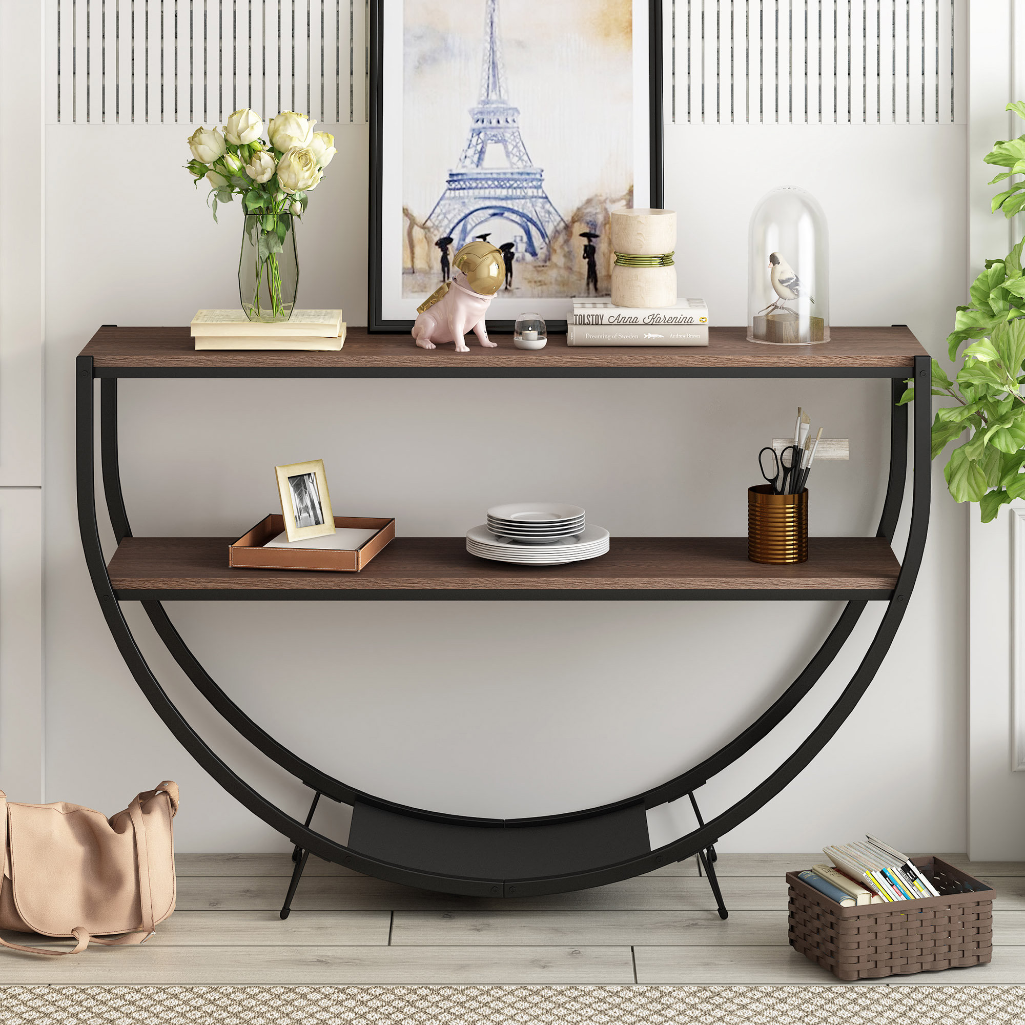 17 Stories Demilune Shape Textured Metal Distressed Wood Console Table ...