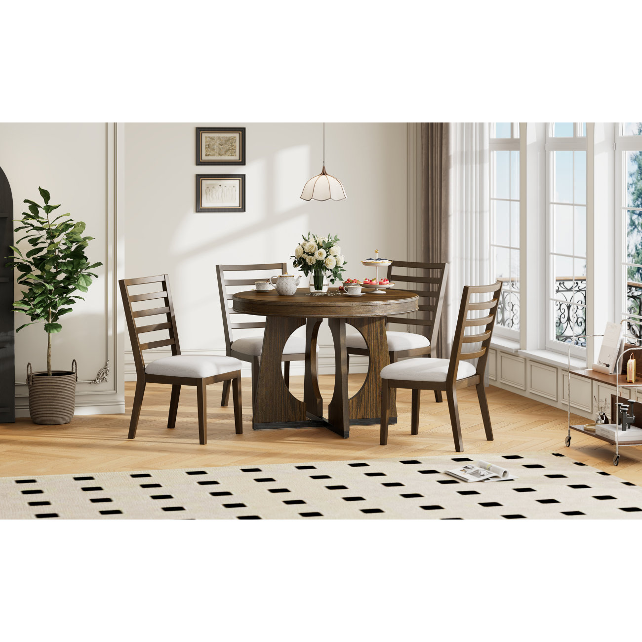 Lark Manor TREXM Round Dining Table For 4 With Chairs Set, Extendable ...
